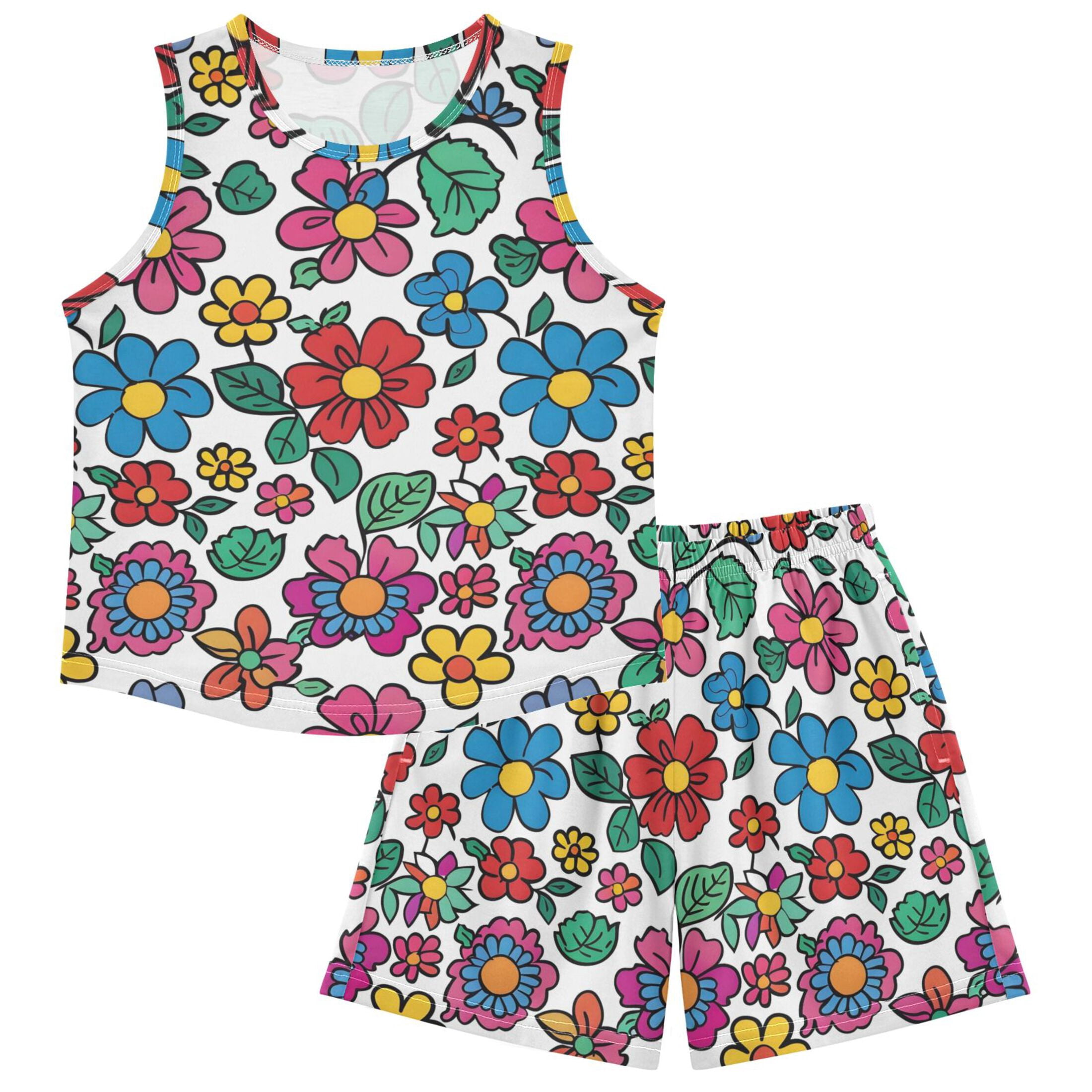 Cartoon Flower Pajamas Set Sleeveless Sleepwear Tank Tops with Shorts ...