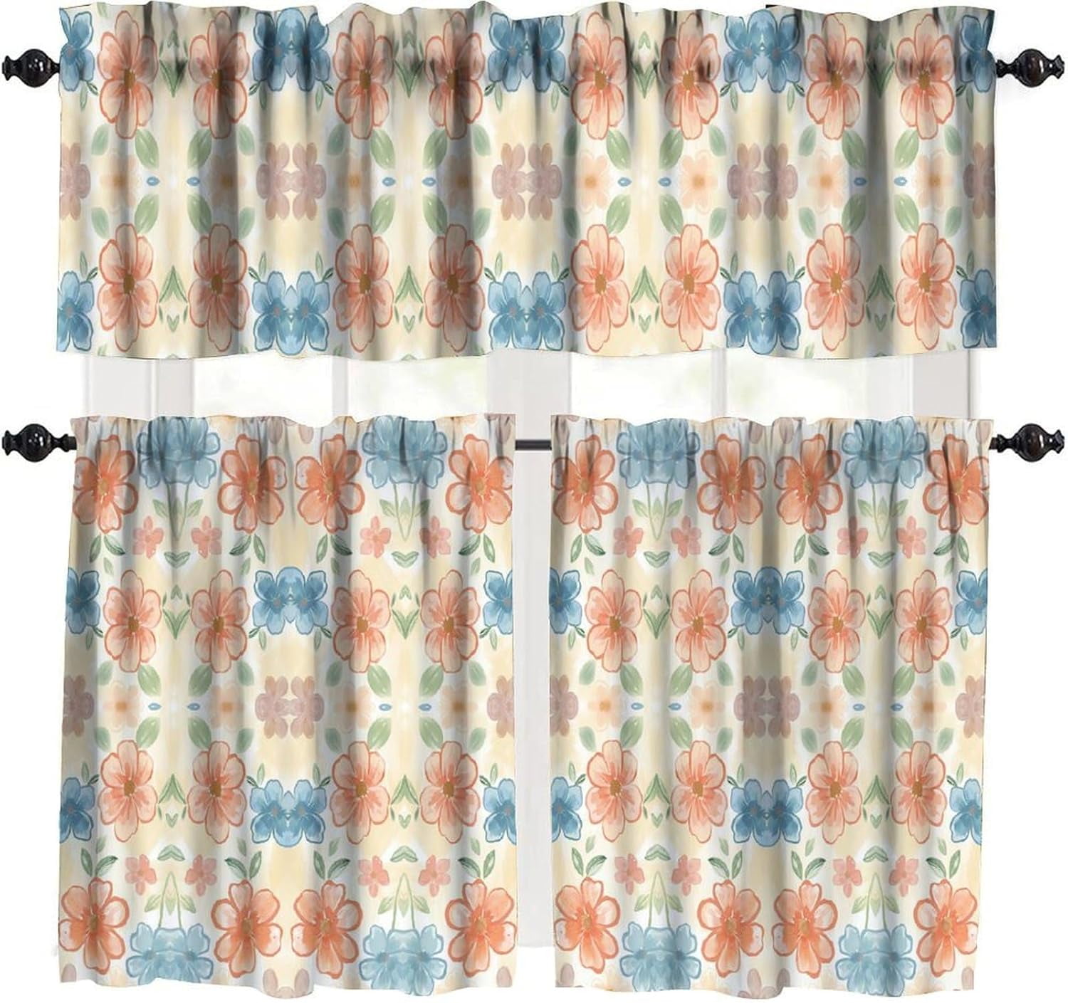 Cartoon Flower Pattern Blackout Kitchen Valance, Girls Cute Watercolor ...