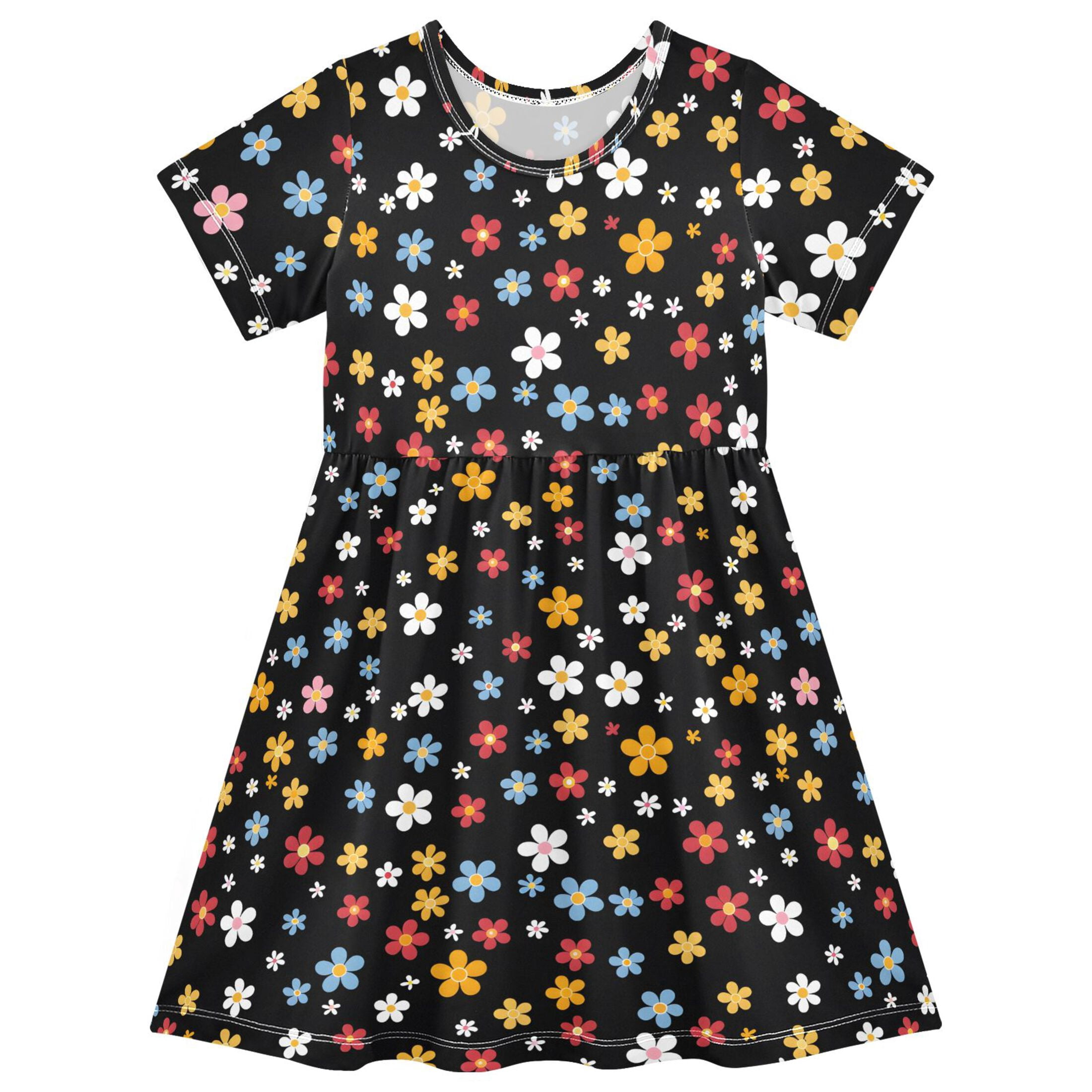 Cartoon Flower Short Sleeve Dress A-Line Cute Midi Casual Sundress 2-8 ...