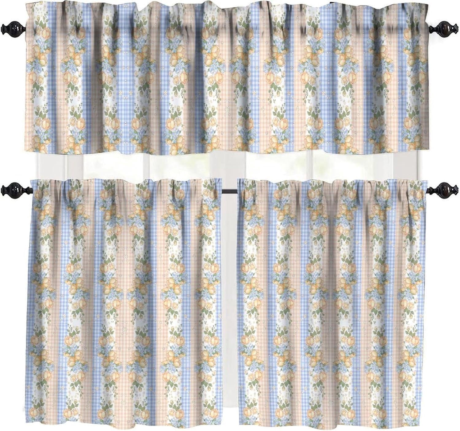 Cartoon Flower Striped Theme Blackout Valance, Girl Art Square Plaid ...