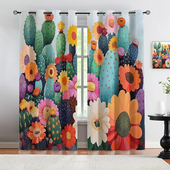 Cartoon Flowers Blackout Curtains, Cactus Sunflower Curtains for ...