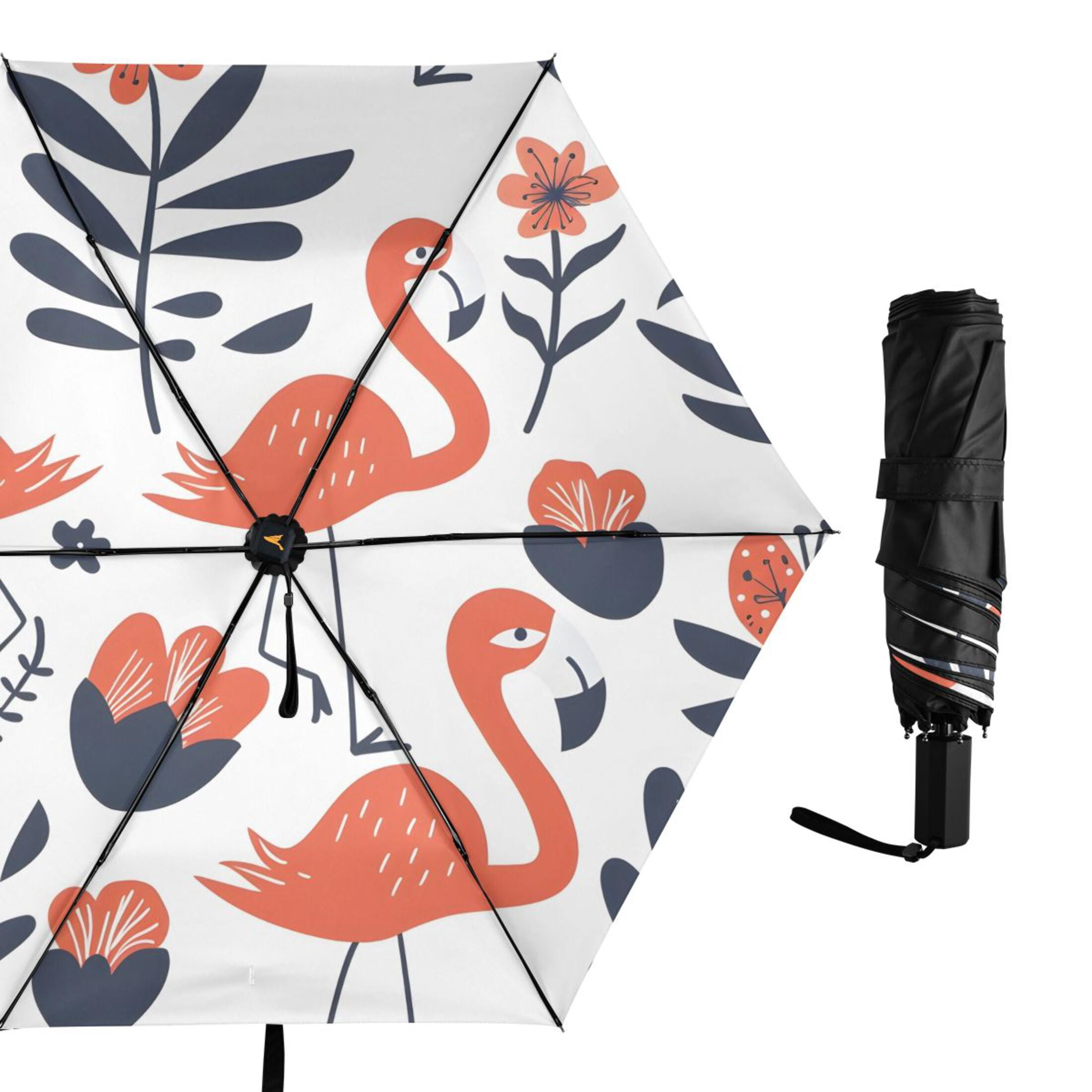 Cartoon Flowers Flamingos Leaves Triple Folding Umbrella Parasol 6 Ribs ...