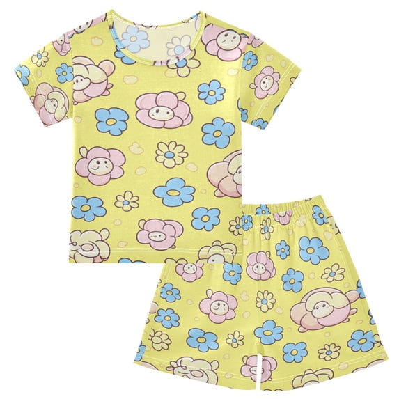 Cartoon Flowers Pattern Summer Pajama Set Soft Cotton Short Sleeve ...