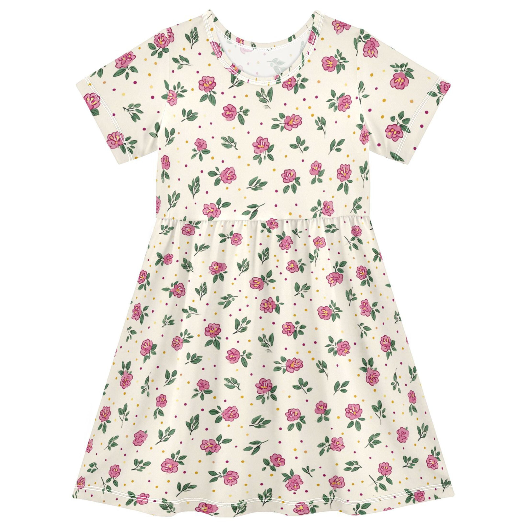 Cartoon Flowers Short Sleeve Dress A-Line Cute Midi Casual Sundress 2-8 ...