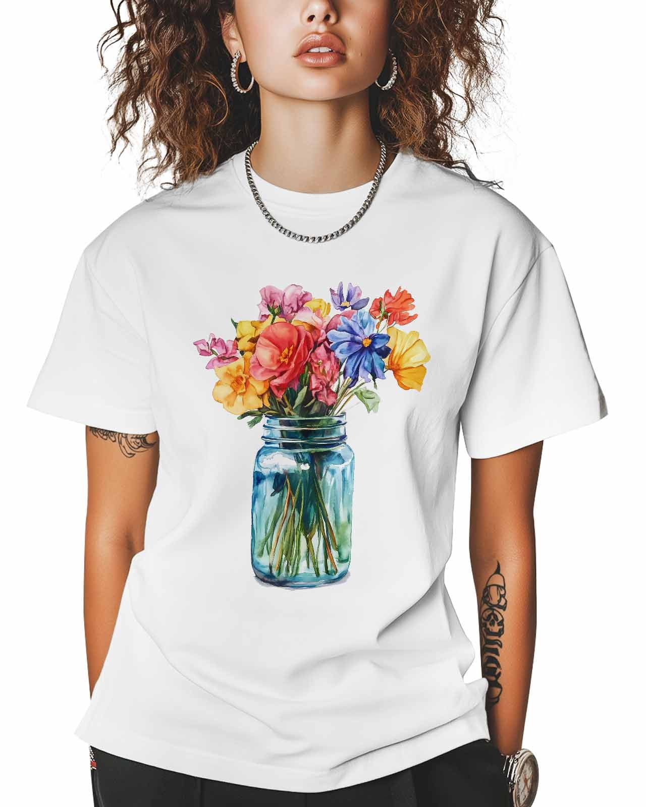 Cartoon Flowers Vase T Shirts for Women Short Sleeve Cotton Crewneck T ...