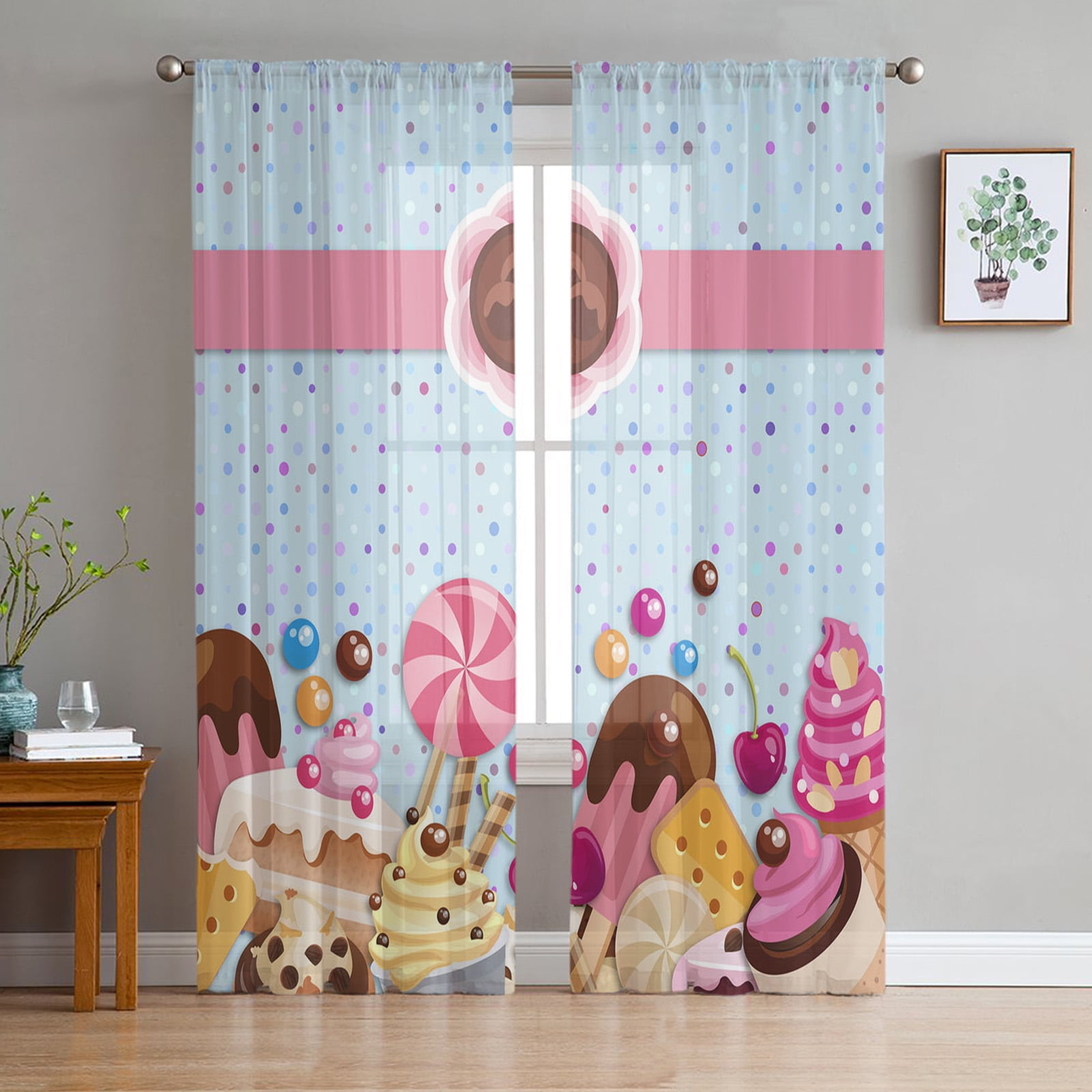Cartoon Food Ice Cream Cup Sheer Window Curtains for Living Room ...