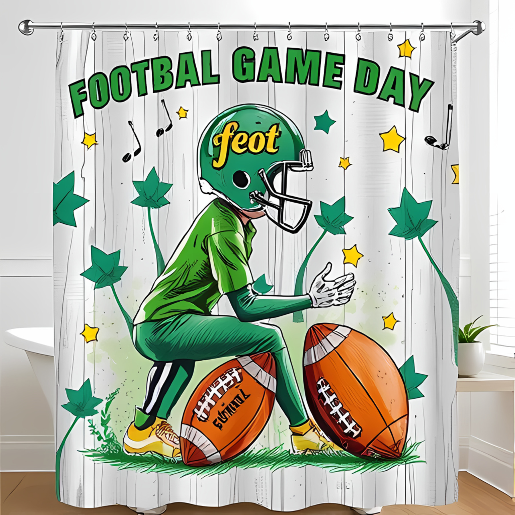 Cartoon Football Player Shower Curtain - Green Gear Kneeling with ...