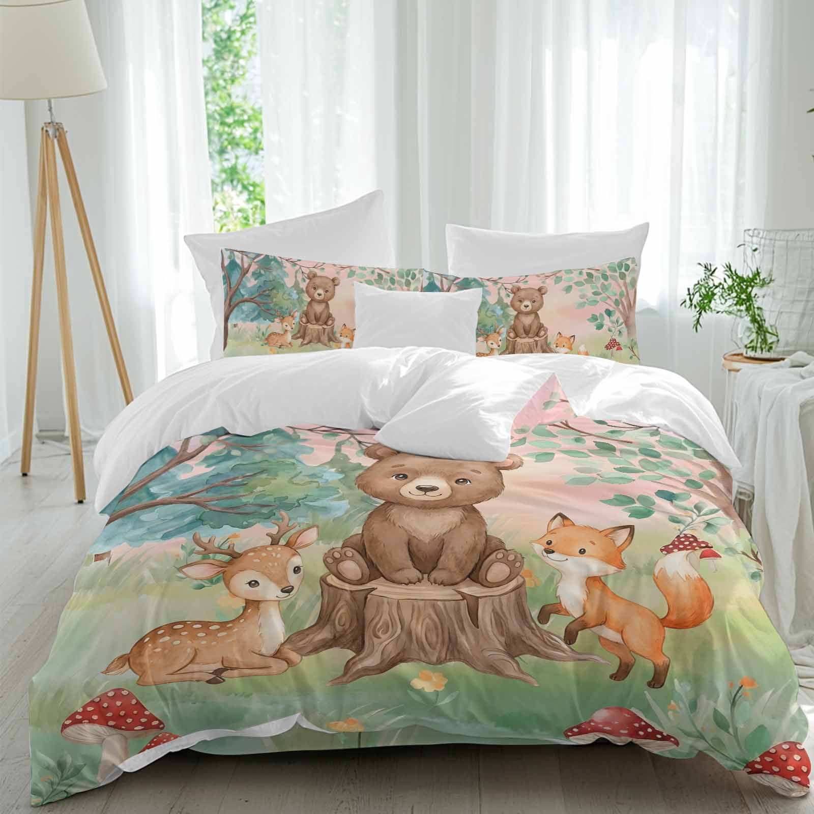 Cartoon Forest Animal Duvet Cover Set Queen Size, Cute Bear Dear Funny ...