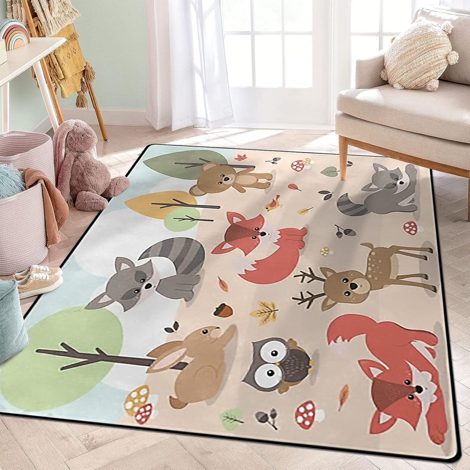 Cartoon Forest Animals Area Rug, Cute Woodland Deer Rabbit Bear Fox Owl ...