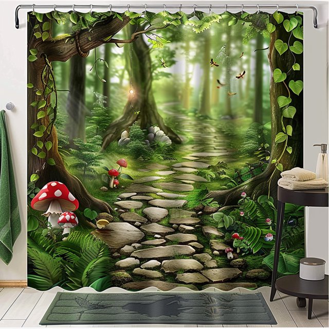 Cartoon Forest Path Shower Curtain with Green Leaves Mushrooms Trees ...