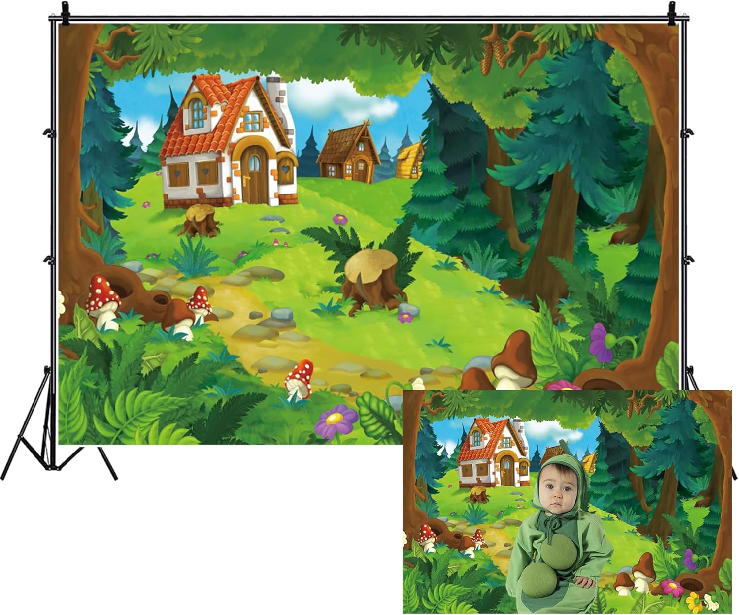 Cartoon Forest Theme Backdrop Fairy Tale Green Forest Village Wood Hut ...