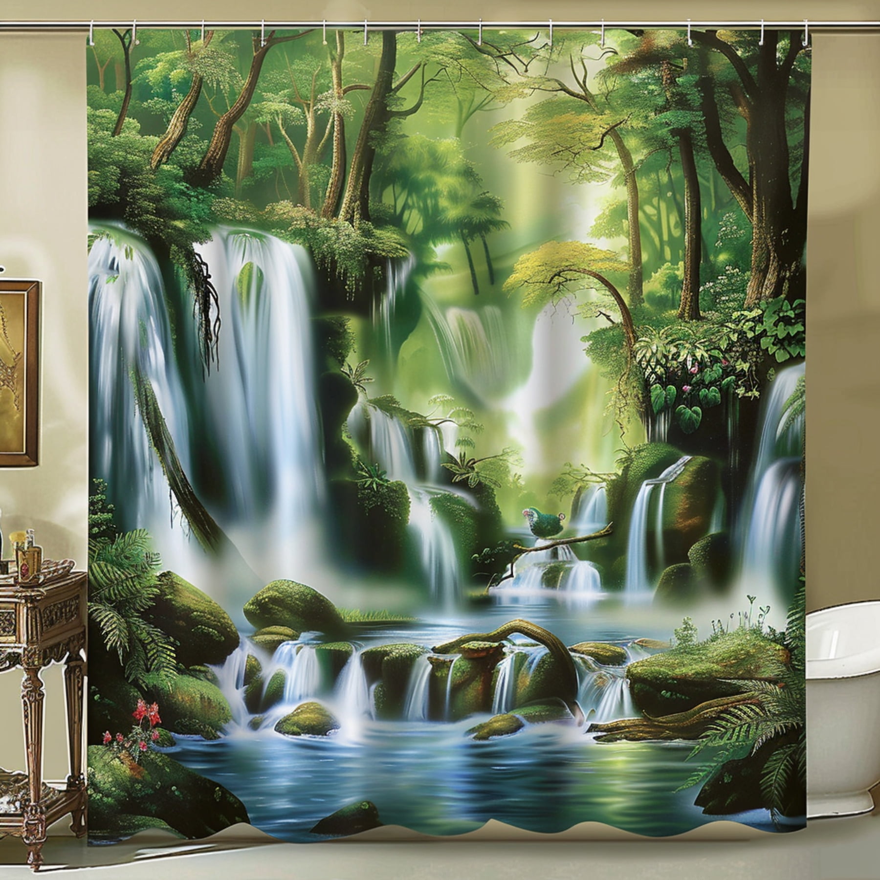 Cartoon Forest Waterfall Bathroom Shower Curtain Hyper Realistic ...