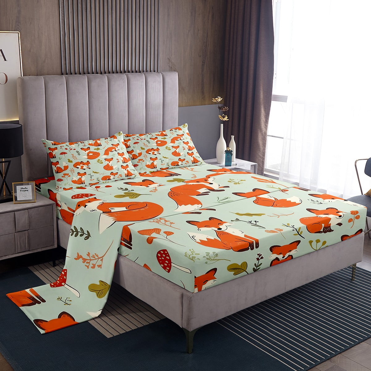 Cartoon Fox Bed Sheets Set King Size,Cute Doodle Fox Sheet Set for ...