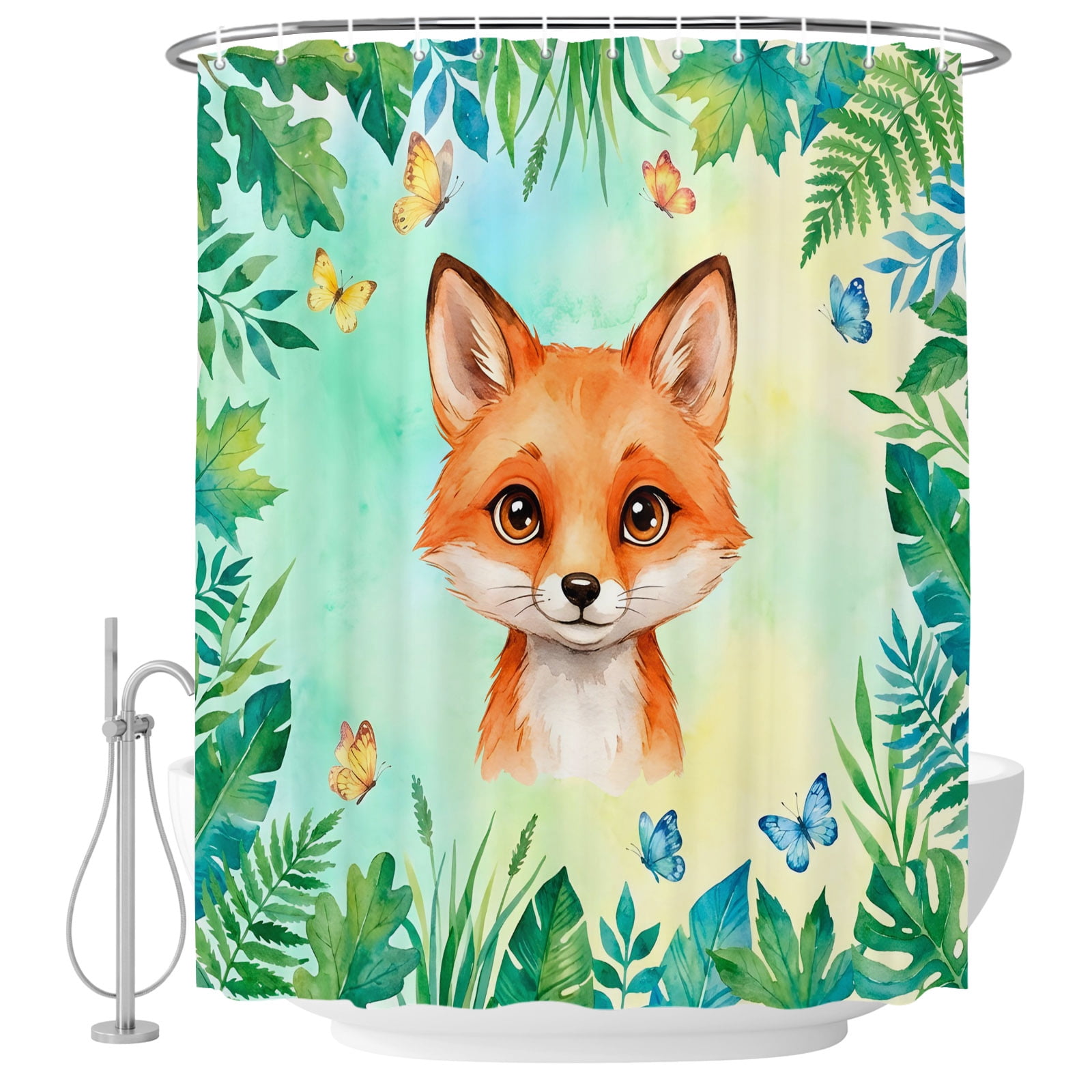 Cartoon Fox Botanical Fabric Shower Curtain Spring Watercolor Leaves ...