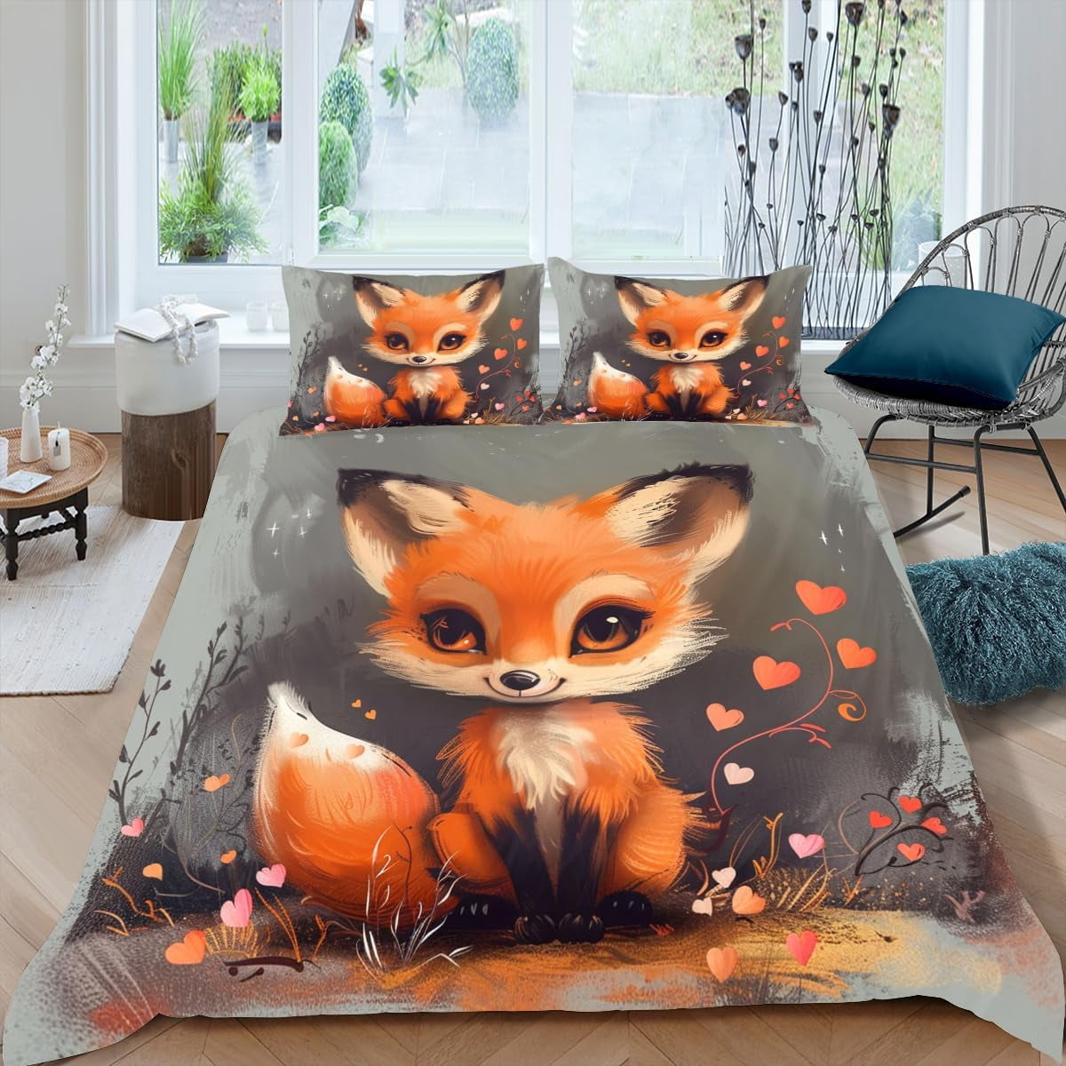 Cartoon Fox Comforter Cover Romantic Love Duvet Cover Retro Foxs Bed ...