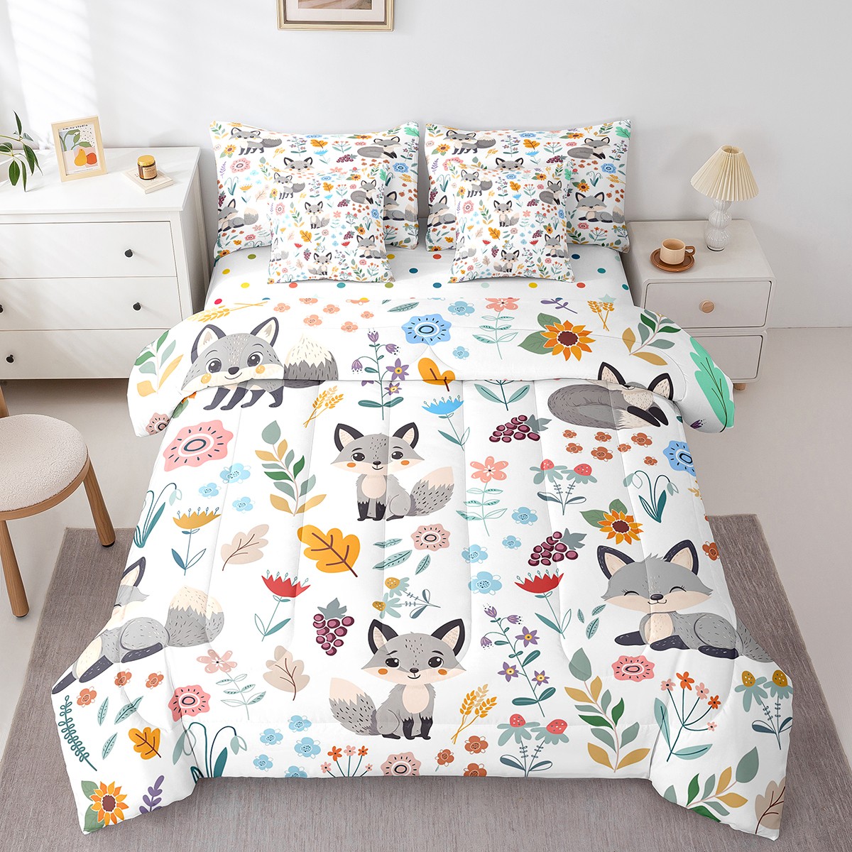 Cartoon Fox Comforter Set 7 Piece Bed in a Bag Twin,Woodland Animals ...