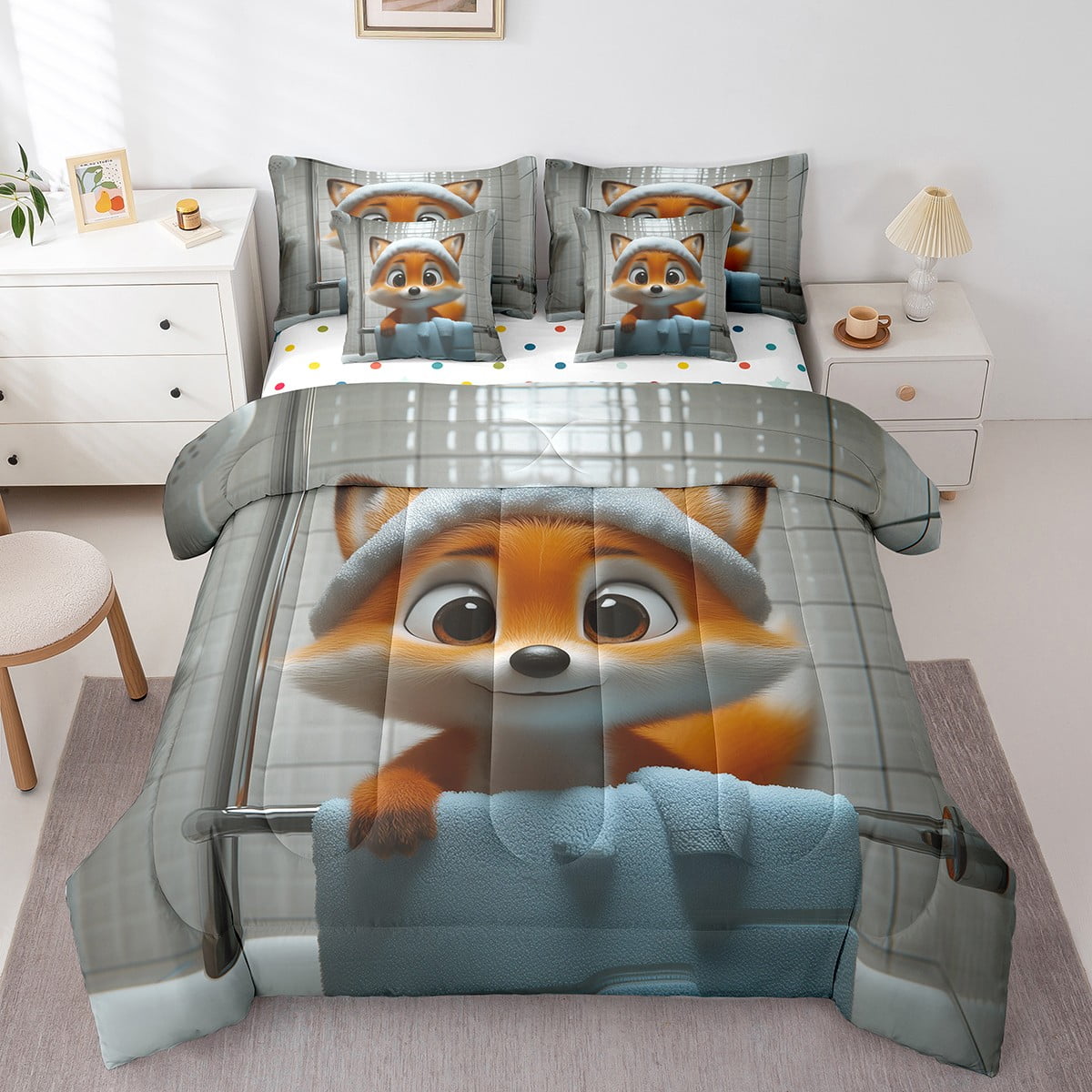 Cartoon Fox Comforter Set King Size,Jungle Wild Animal Bed Set 7pcs ...