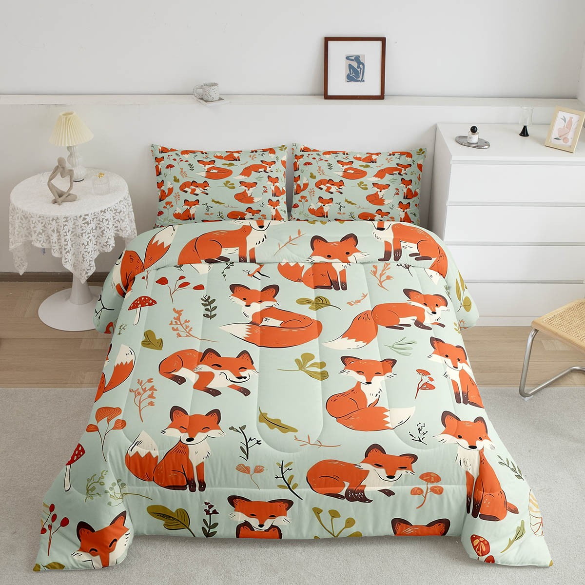 Cartoon Fox Comforter Sets King Size,Cute Doodle Fox Bedding Set Teens ...