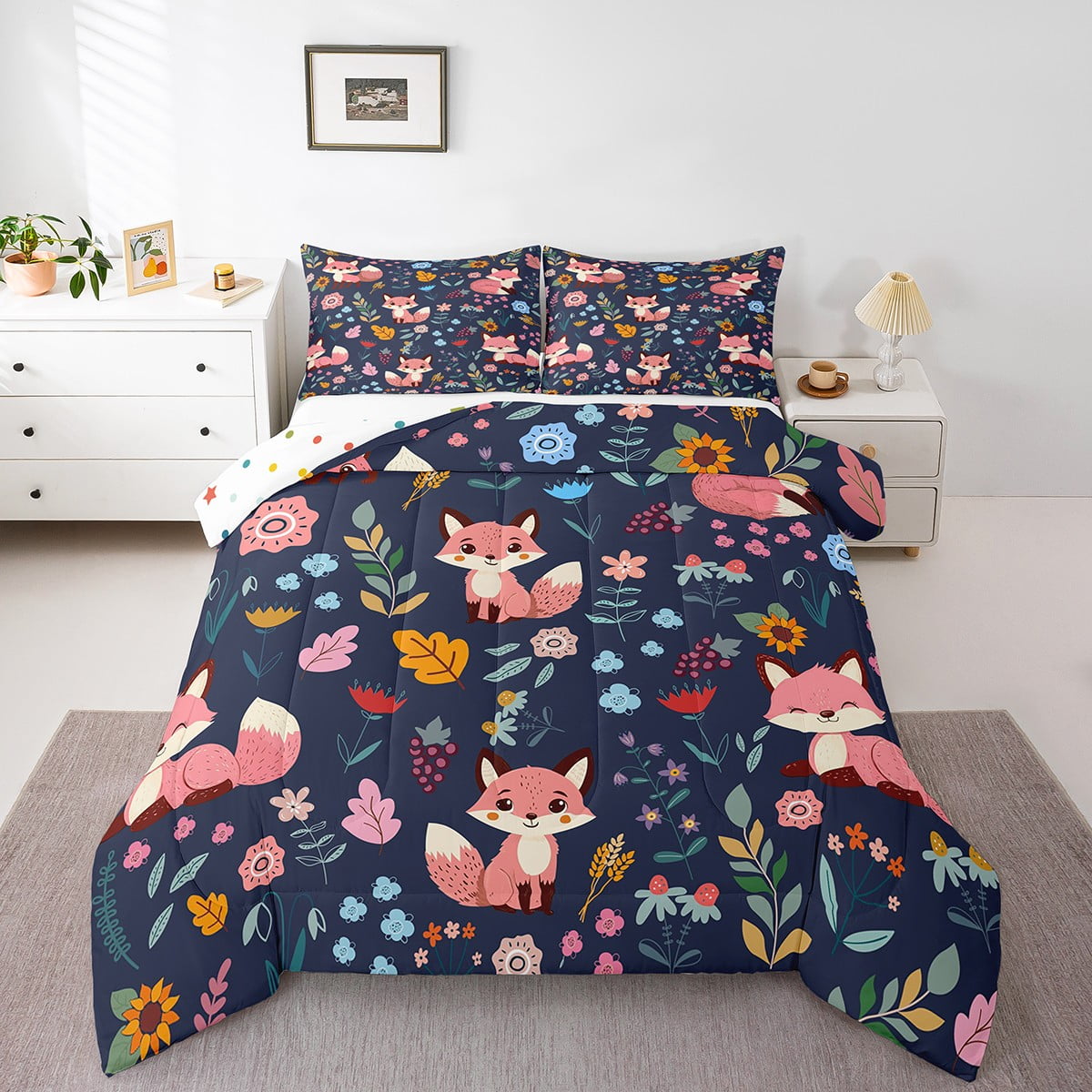 Cartoon Fox Comforter Set Woodland Animals Quilt Bed Set,Boho Floral ...