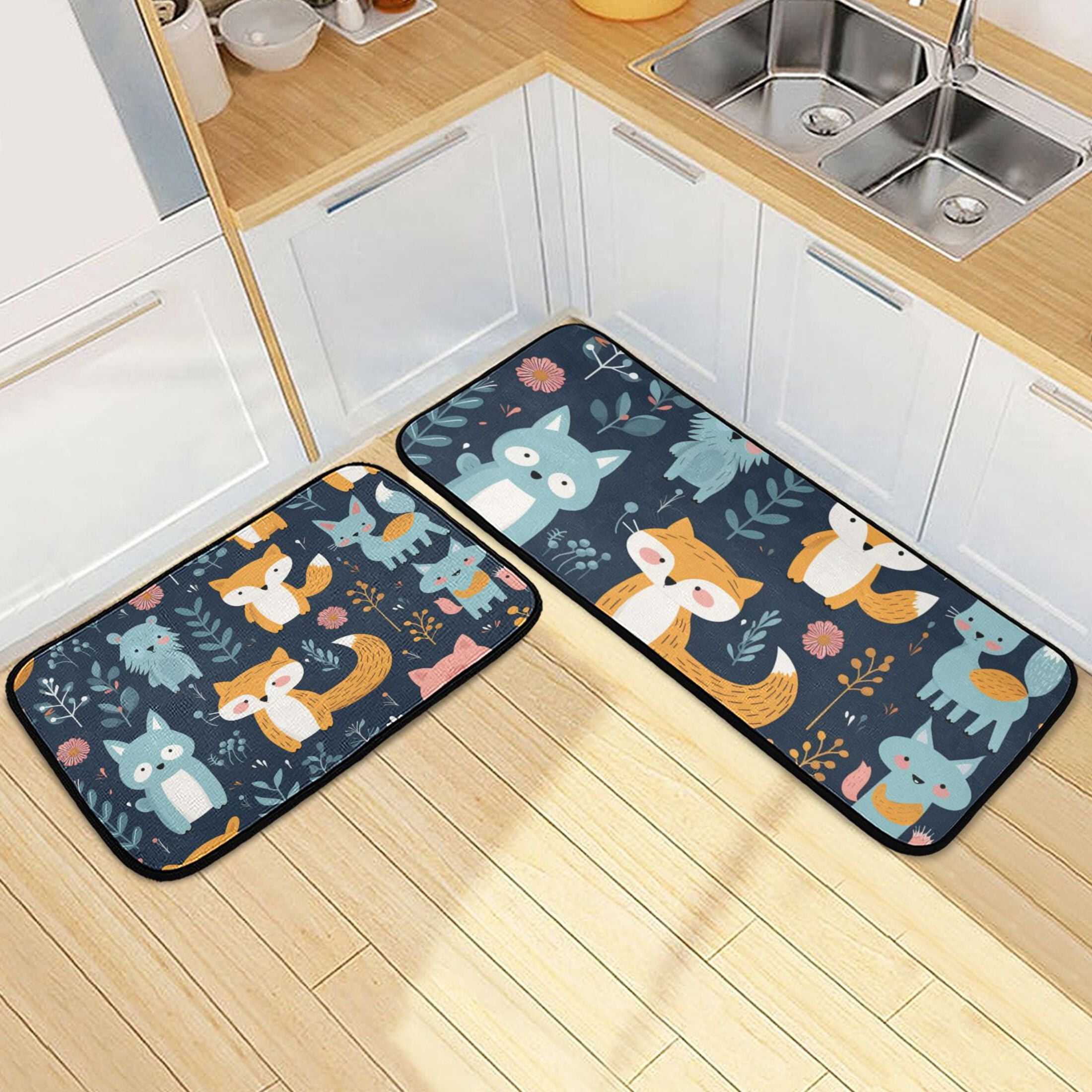 Cartoon Fox Cute Kitchen Rugs Set of 2 Non Slip Floor Foam Mat ...