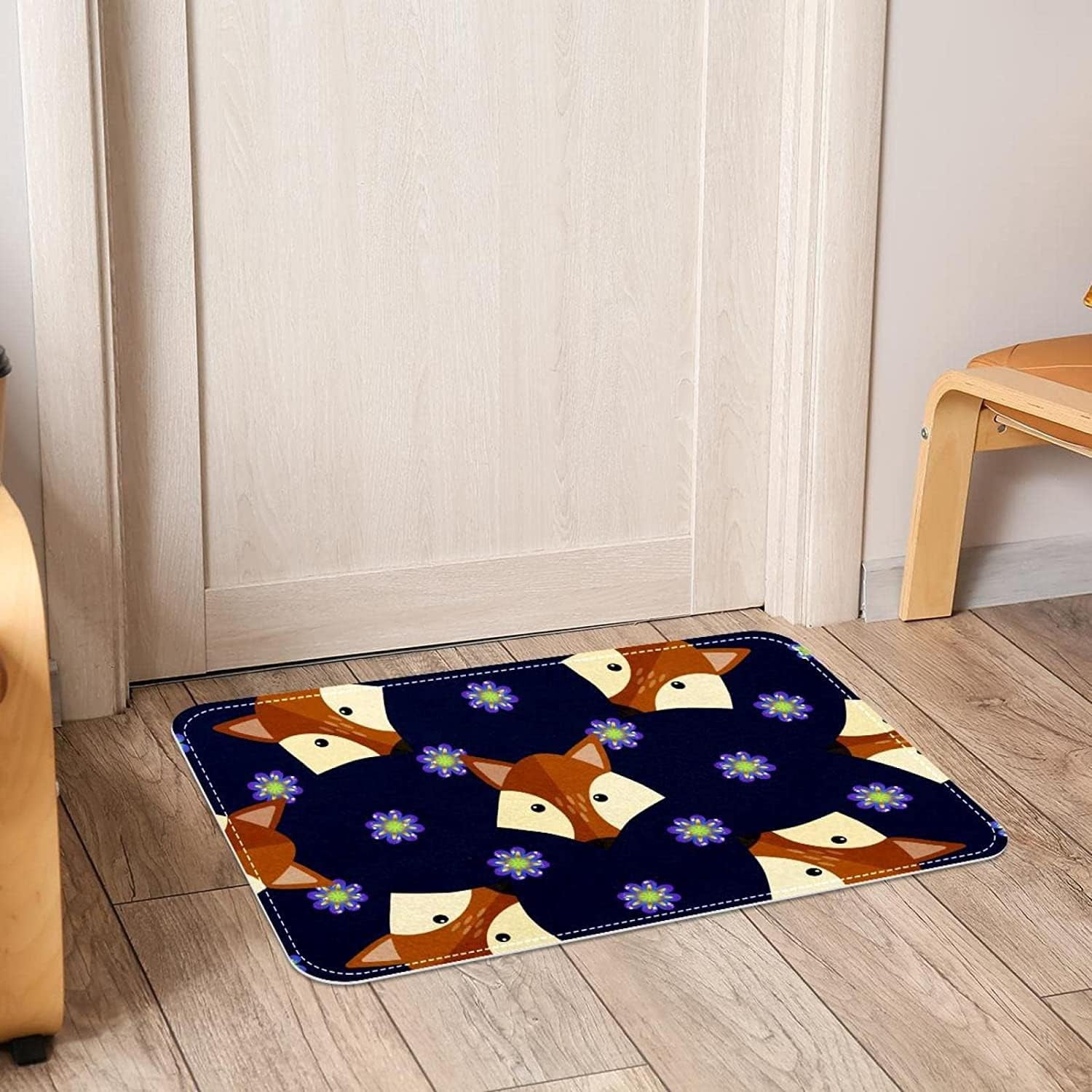 Cartoon Fox Faces and Purple Flower Bath Rug Absorbent Non Slip Soft ...