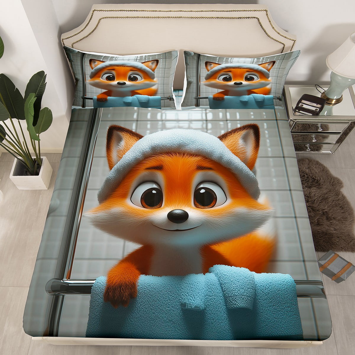 Cartoon Fox Fitted Sheet Full Size Jungle Wild Animal Bedding Set Room ...