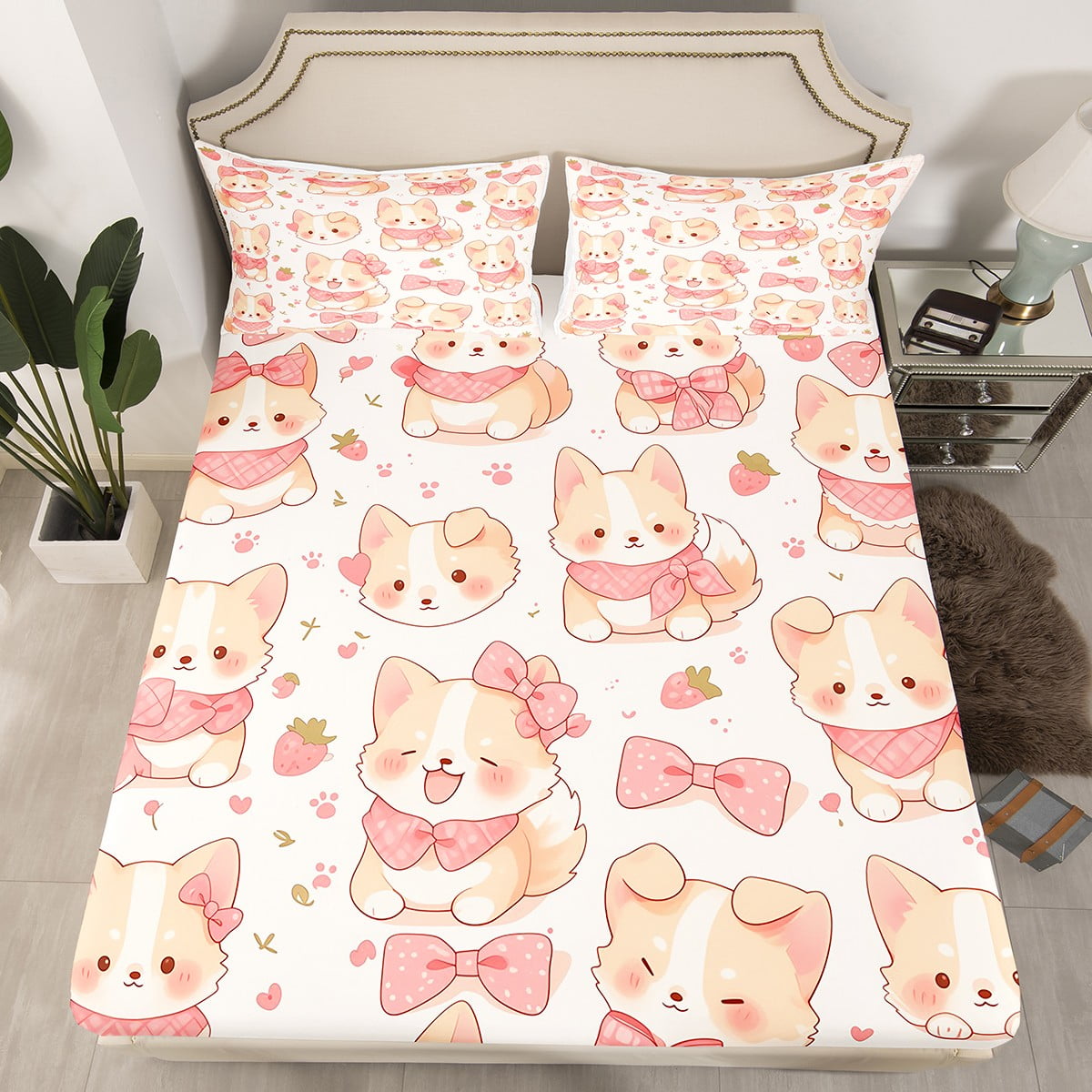 Cartoon Fox Fitted Sheet Pink Bow Painting Twin Bed Sheets Red ...