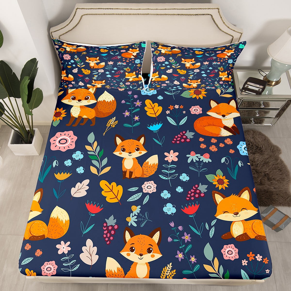 Cartoon Fox Fitted Sheet Woodland Animals Bed Sheets Twin,Boho Floral ...