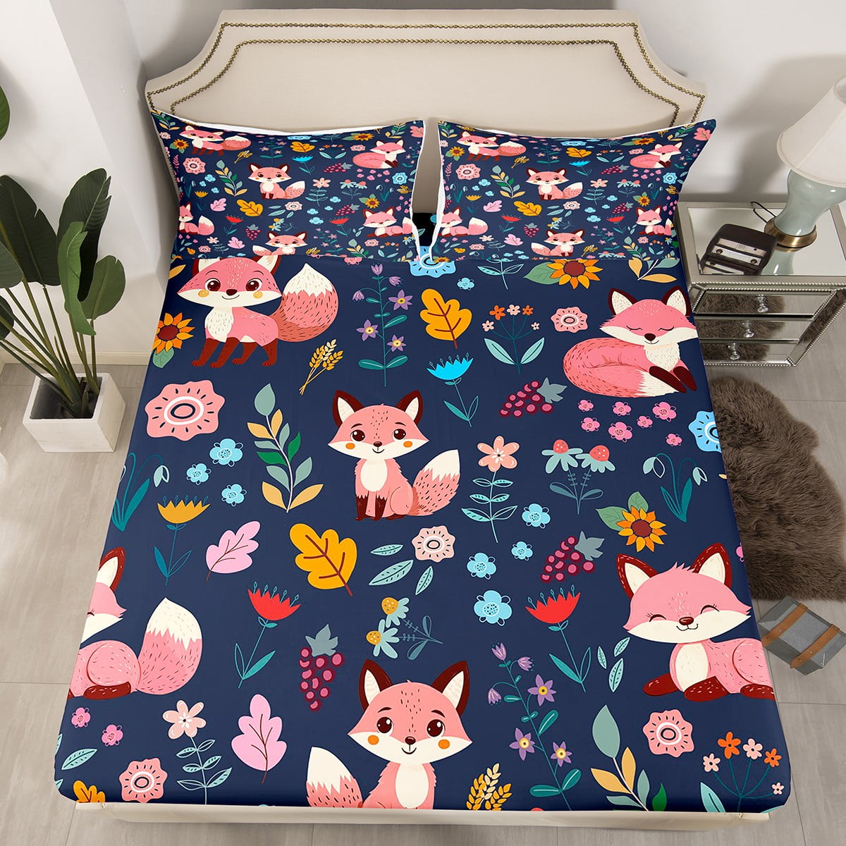 Cartoon Fox Fitted Sheet Woodland Animals Sheets,Boho Floral Bed Sheets ...
