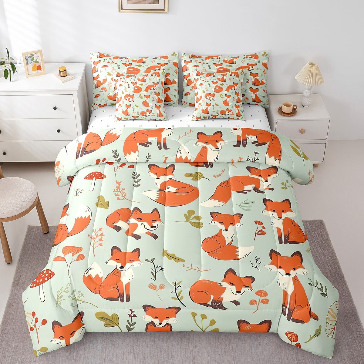 Cartoon Fox Full Comforter Set - Cute Doodle Fox 7 Piece Kids Bedding ...