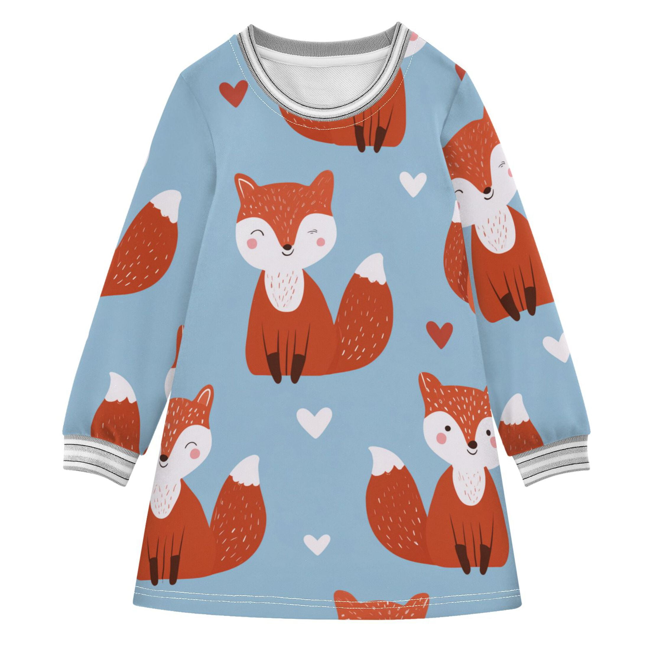 Cartoon Fox Hearts Valentine Long-sleeved Dress A-line One-Piece Dress ...