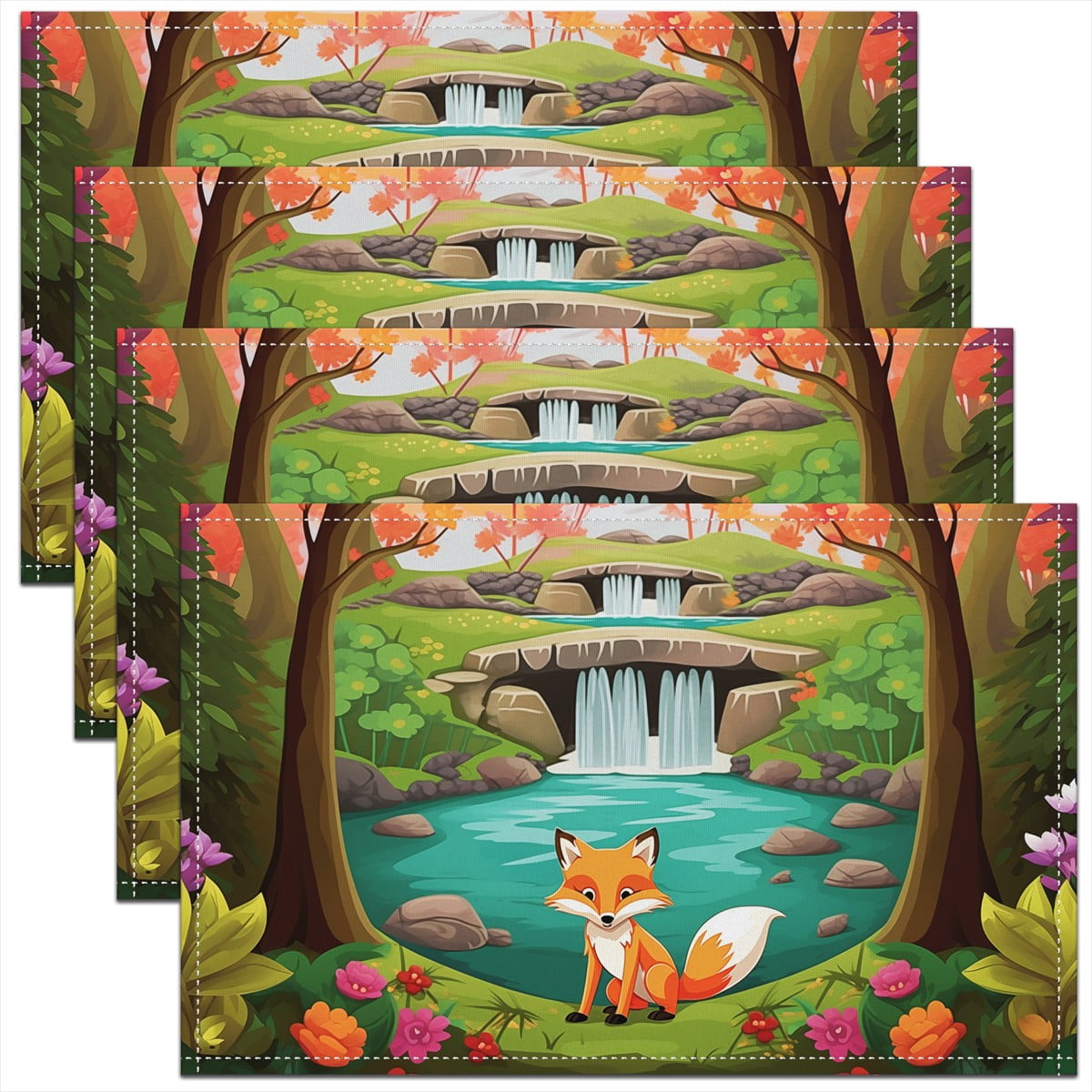 Cartoon Fox Placemats for Dining Table Set of 4, Waterfall Flower Maple ...