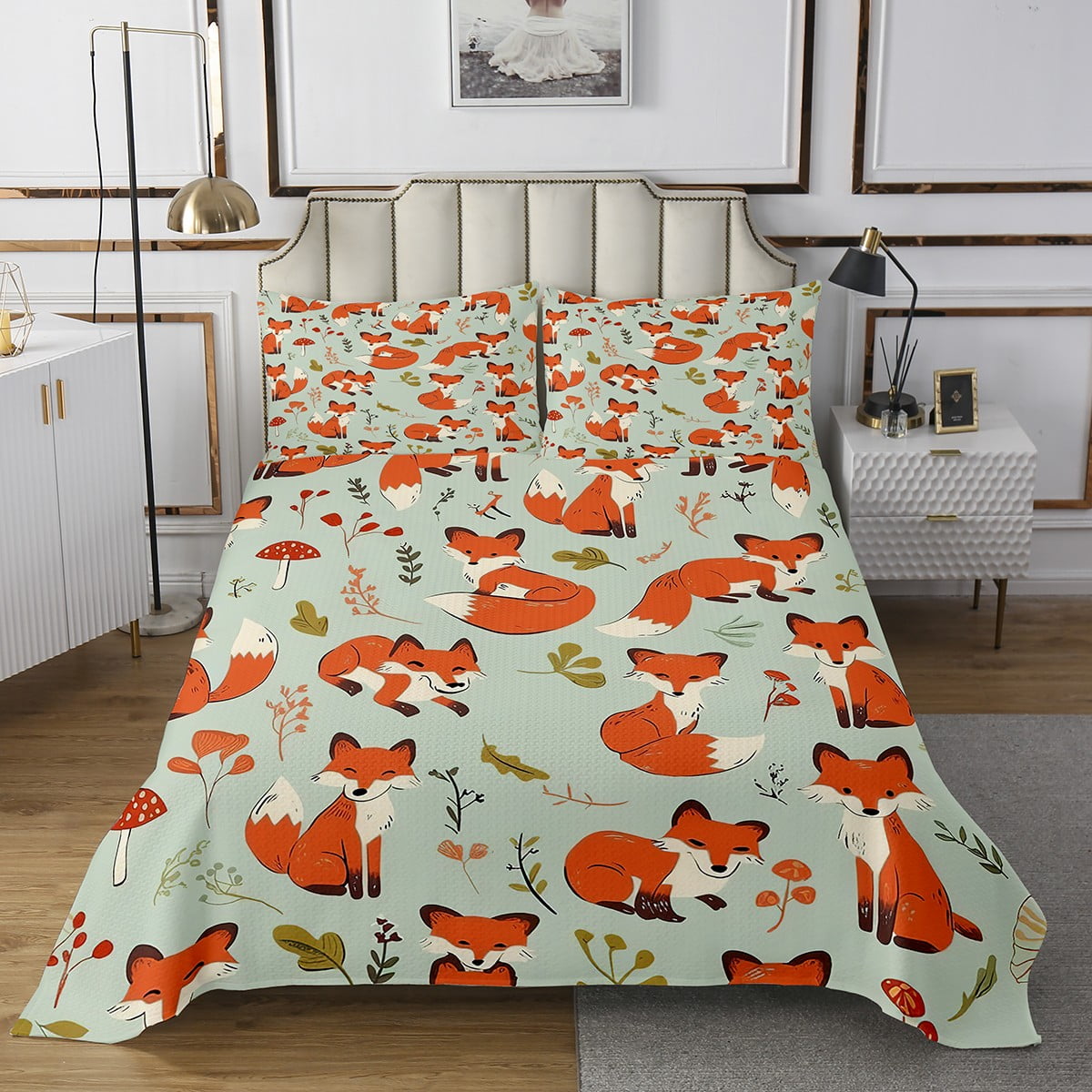 Cartoon Fox Quilt Set Twin Size,Cute Doodle Fox Coverlet Set for Teens ...
