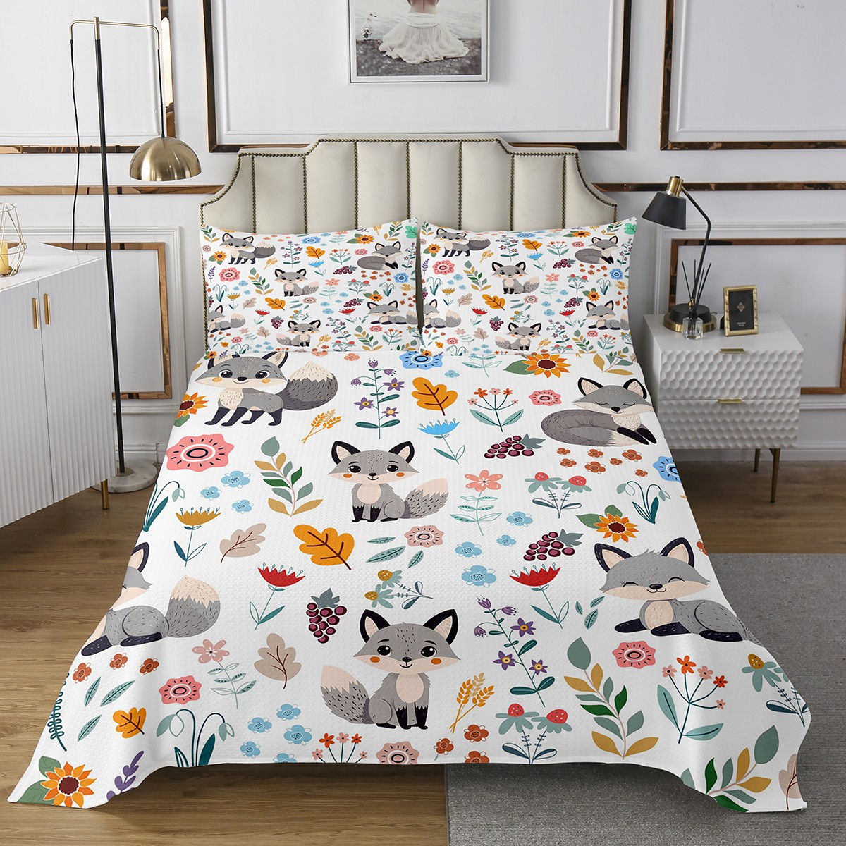 Cartoon Fox Quilt Set Woodland Animals Coverlet Set,Bohemian Wildflower ...