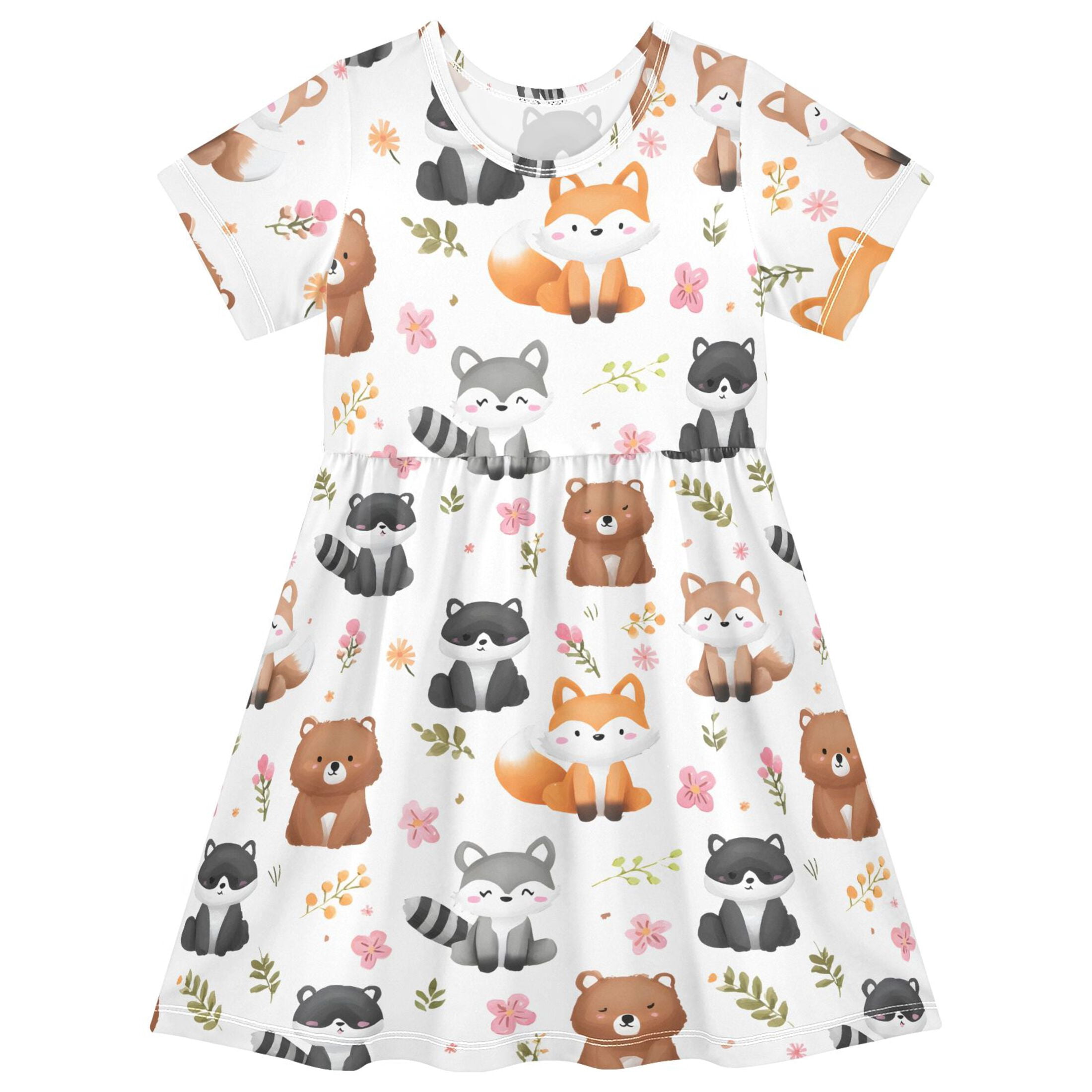 Cartoon Fox Short Sleeve Dress A-Line Cute Midi Casual Sundress 2-8 ...