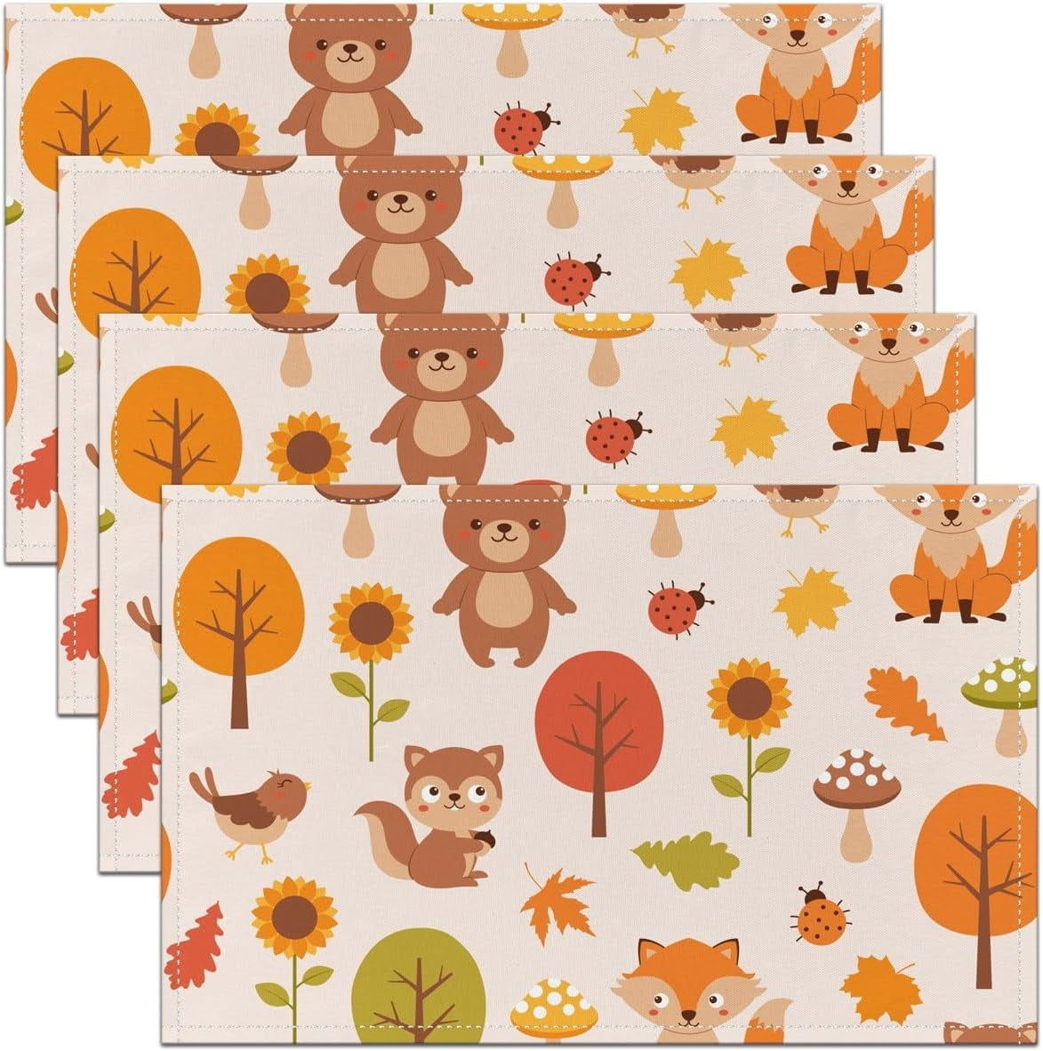 Cartoon Fox Squirrel Table Mats for Kids Adults,Watercolor Autumn Trees ...