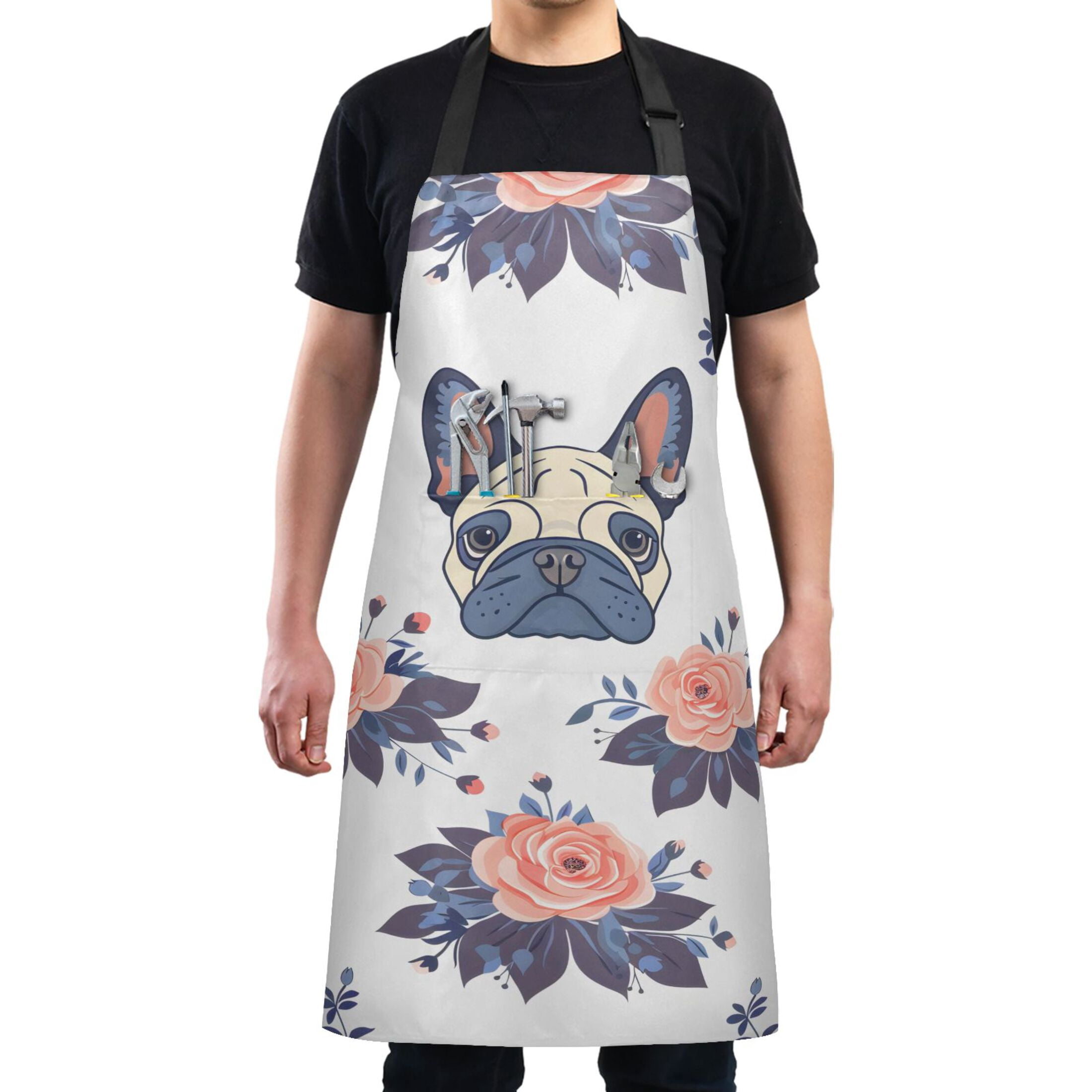 Cartoon French Bulldog Face Kitchen Apron with 2 Pockets Adjustable ...