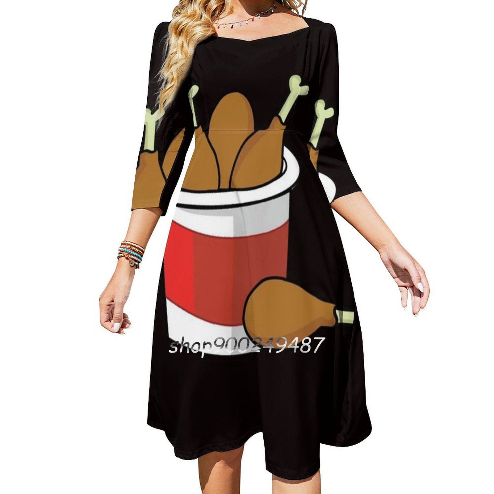 Cartoon Fried Chicken Bucket Sweetheart Knot Flared Dress Fashion ...