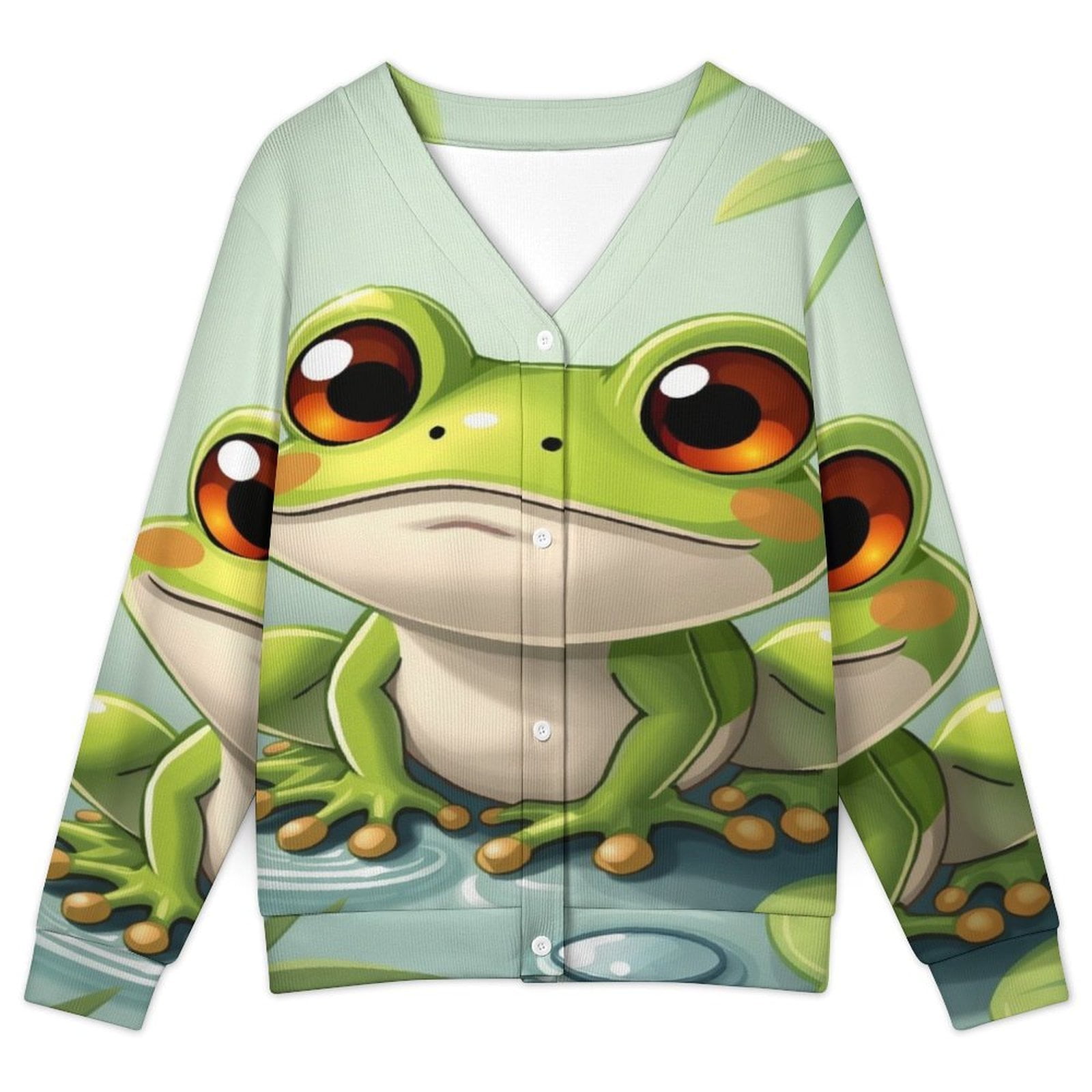 Cartoon Frog_ (1) Sweater Women V-neck Single-Breasted Letters Long ...