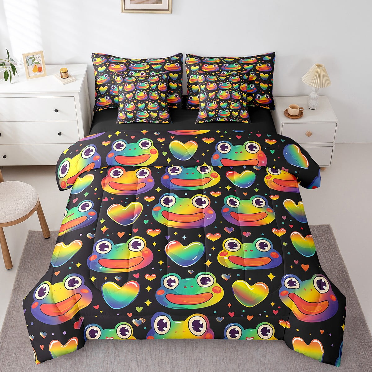 Cartoon Frog Comforter Set Kawaii Frog Painting Queen Bedding Set ...