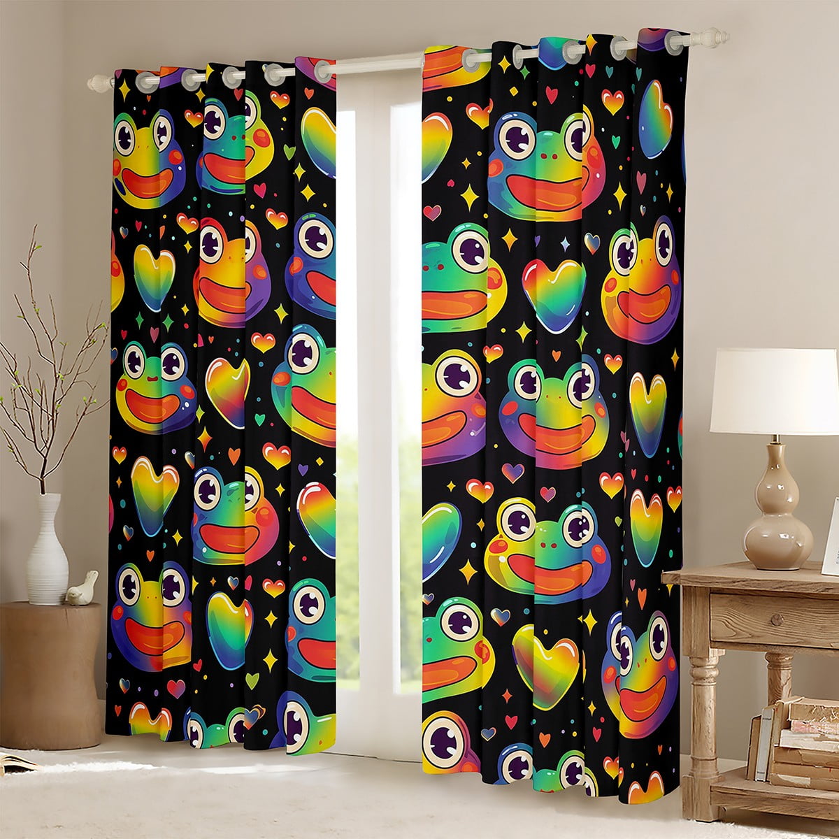 Cartoon Frog Curtains Kawaii Frog Painting (38Wx54L) 2 Panels 30%-50% ...