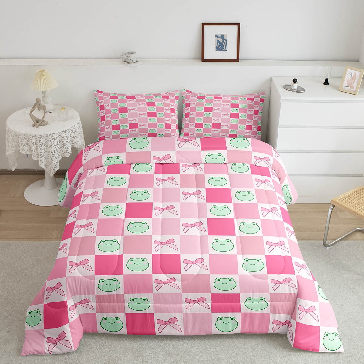 Cartoon Frog Kids Comforter Set Queen Size,Pink Bowknot Bow Tie ...