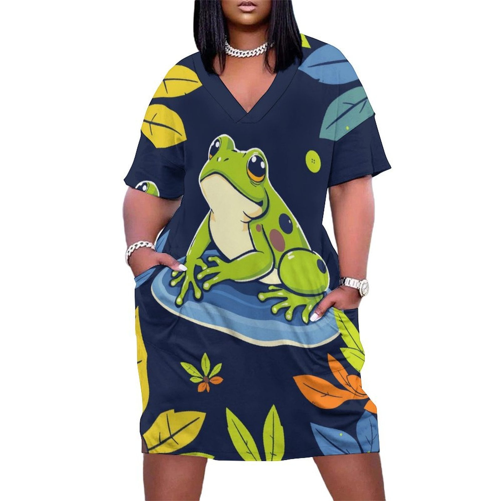 Cartoon Frog Loose Pocket Dress Dresses for Special Events Women"s ...
