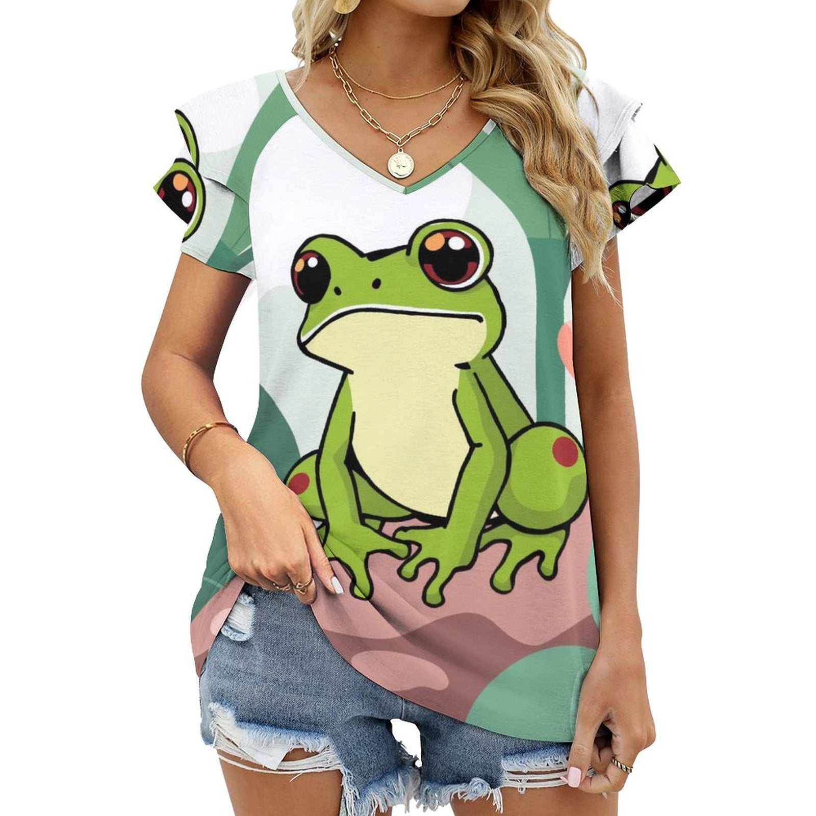 Cartoon Frog Lotus Leaf Neck T-Shirt Long Sleeve Women's T Shirt ...