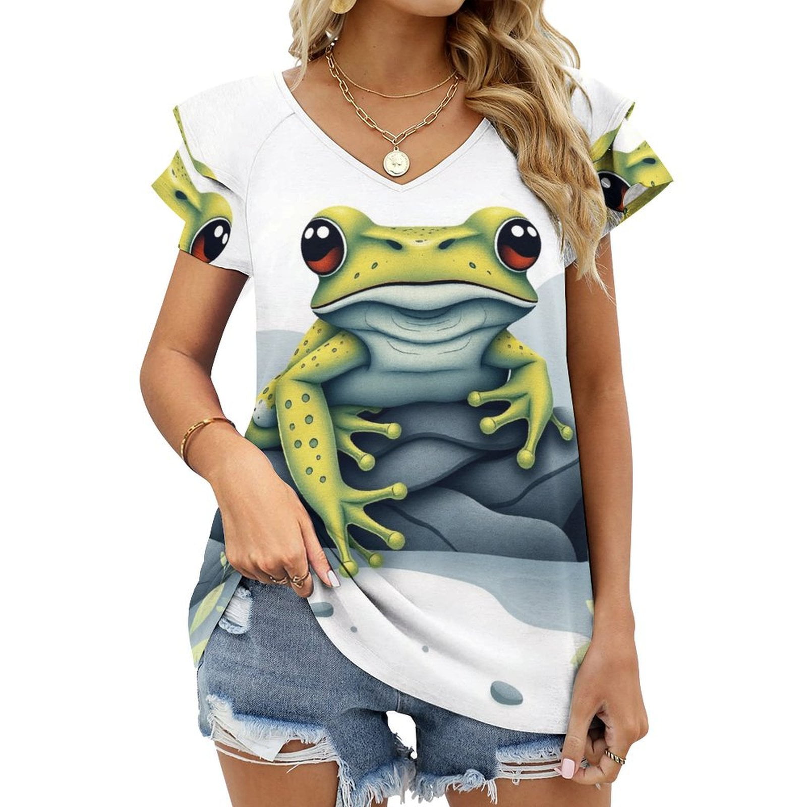 Cartoon Frog Lotus Leaf Neck T-Shirt Long Sleeve Women's T Shirt ...