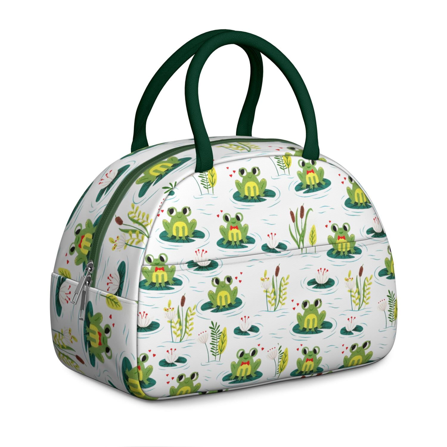 Cartoon Frog Lunch Bag – Nature Pattern with Mushrooms, Flowers, and a ...