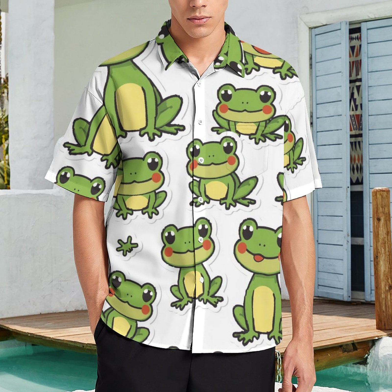 Cartoon Frog Male Retro Print Casual Shirts Hawaiian Short-Sleeve ...