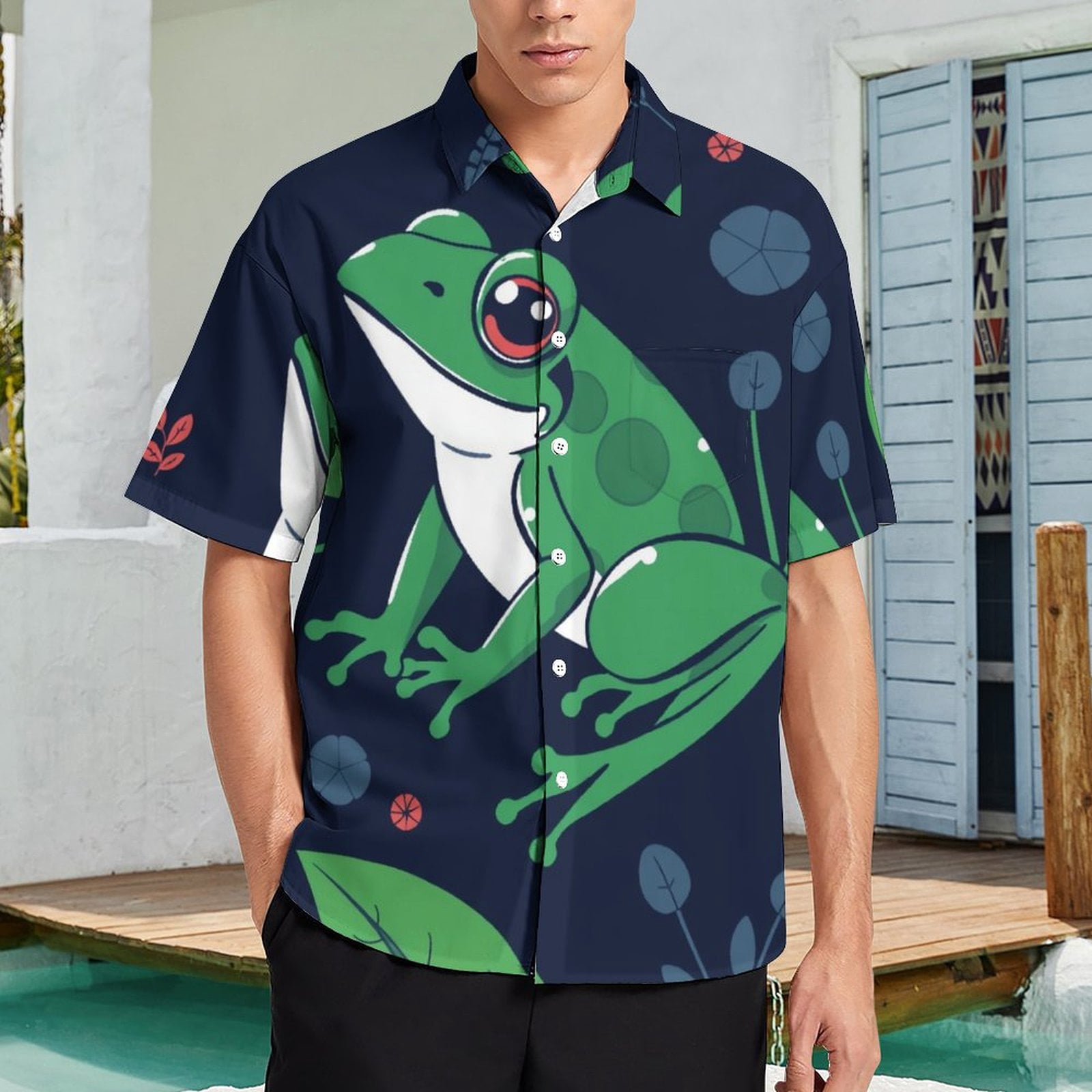 Cartoon Frog Male Retro Print Casual Shirts Hawaiian Short-Sleeve ...
