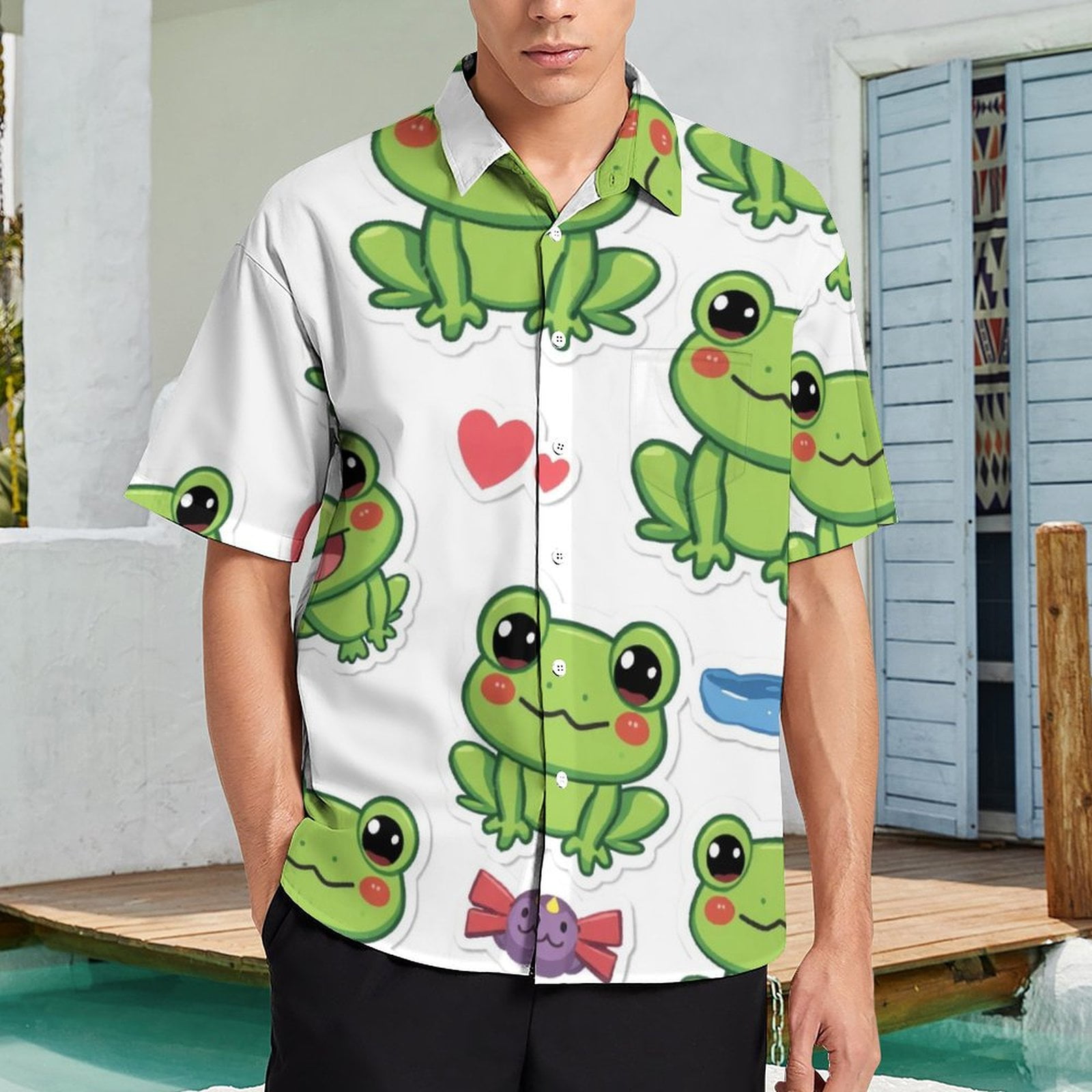 Cartoon Frog Male Retro Print Casual Shirts Hawaiian Short-Sleeve ...