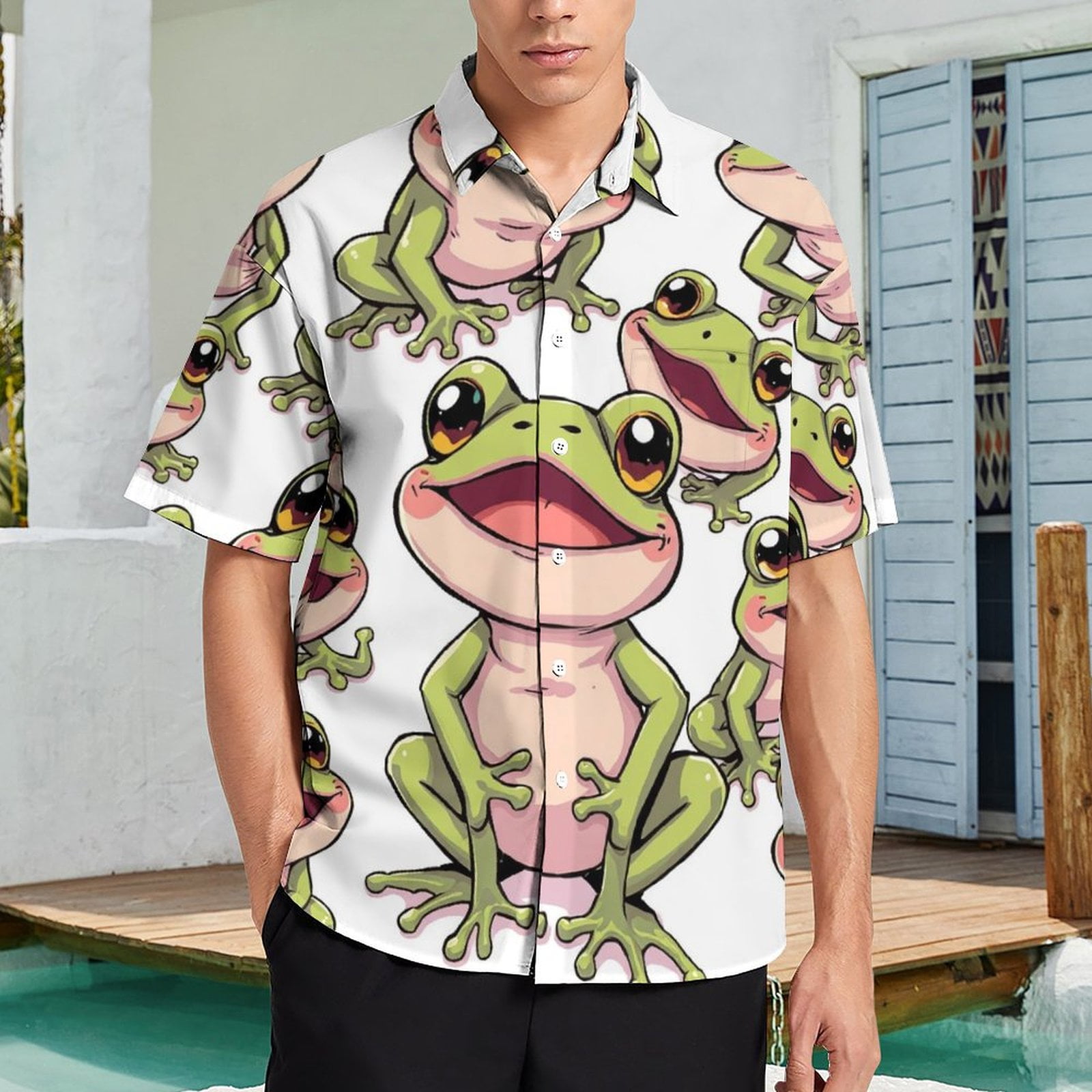 Cartoon Frog Male Retro Print Casual Shirts Hawaiian Short-Sleeve ...